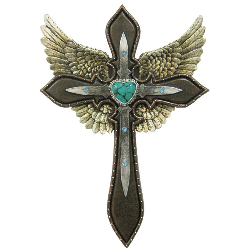 De Leon Collections Polyresin Layered Cross with Turquoise and Angel ...