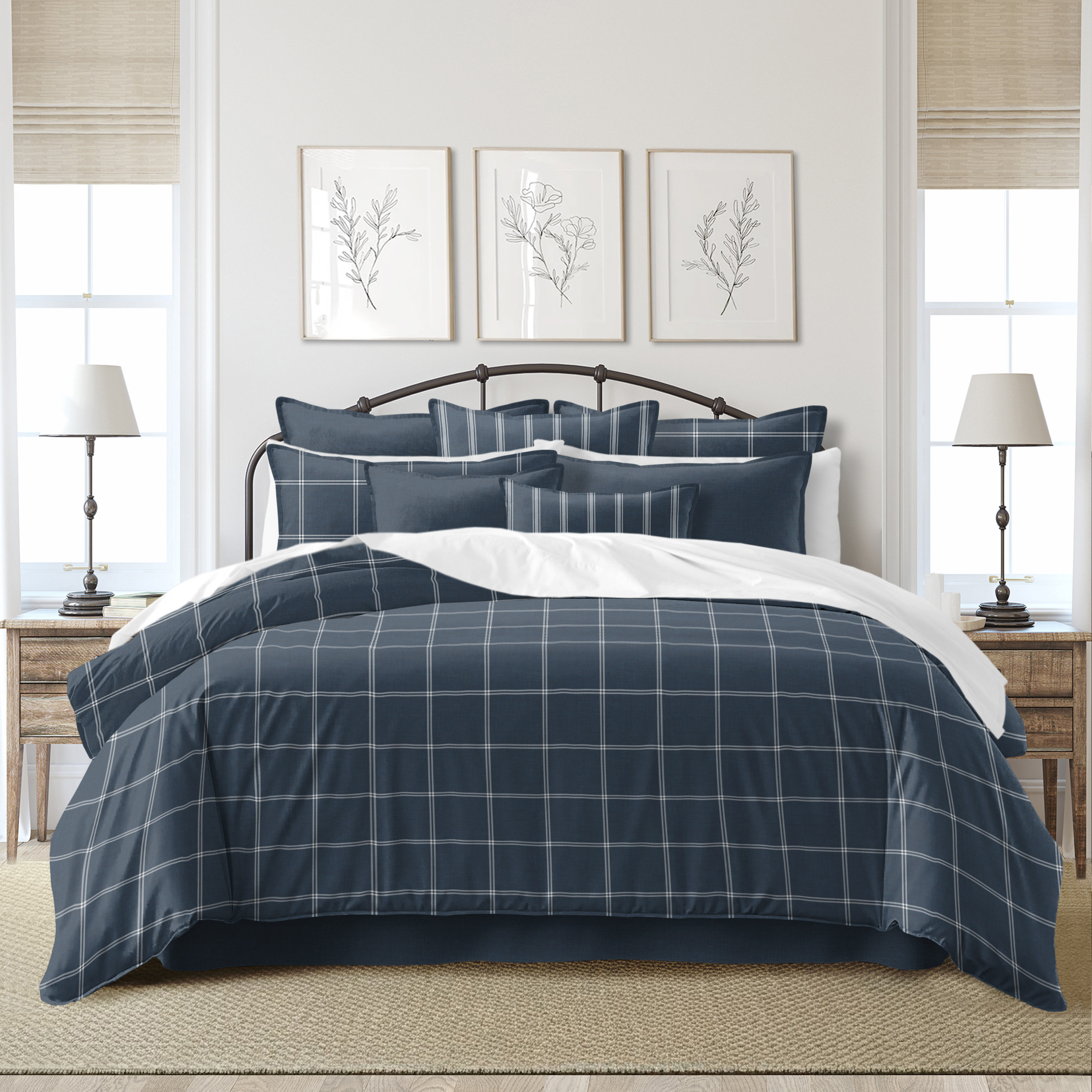 6ix Tailors Fine Linens Shay Window Pane Dark Denim Cotton Comforter ...