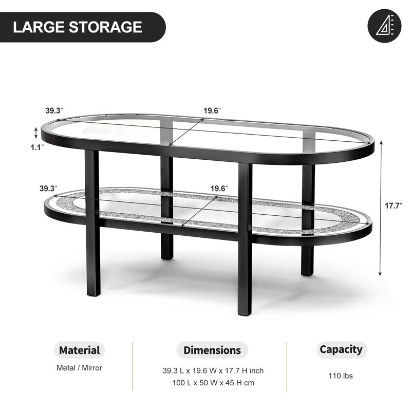 Mercer41 Merrissa Mirrored Glass Coffee Table with 2 Tier Glass ...