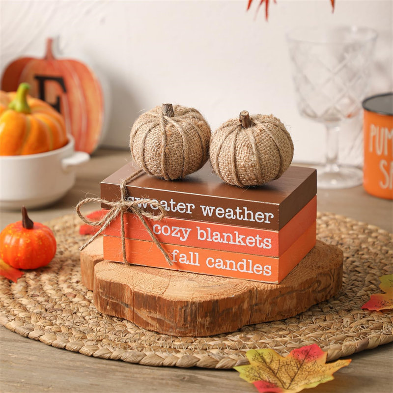 Gracie Oaks Wood Book Stack with Maple Leaves and Fall Bead Garland ...