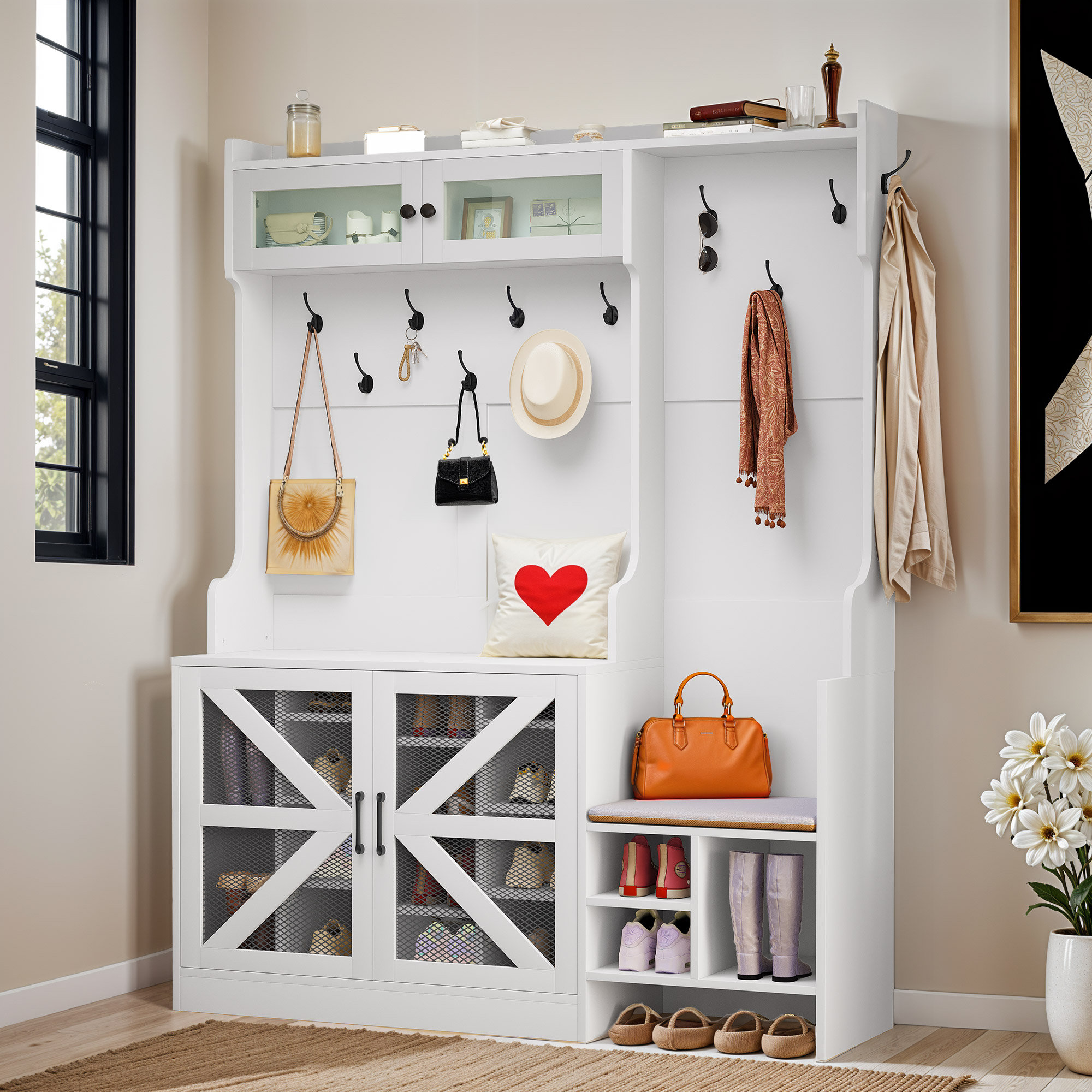 Red Barrel Studio® Farmhouse Hall Tree with Shoe Storage and Bench ...