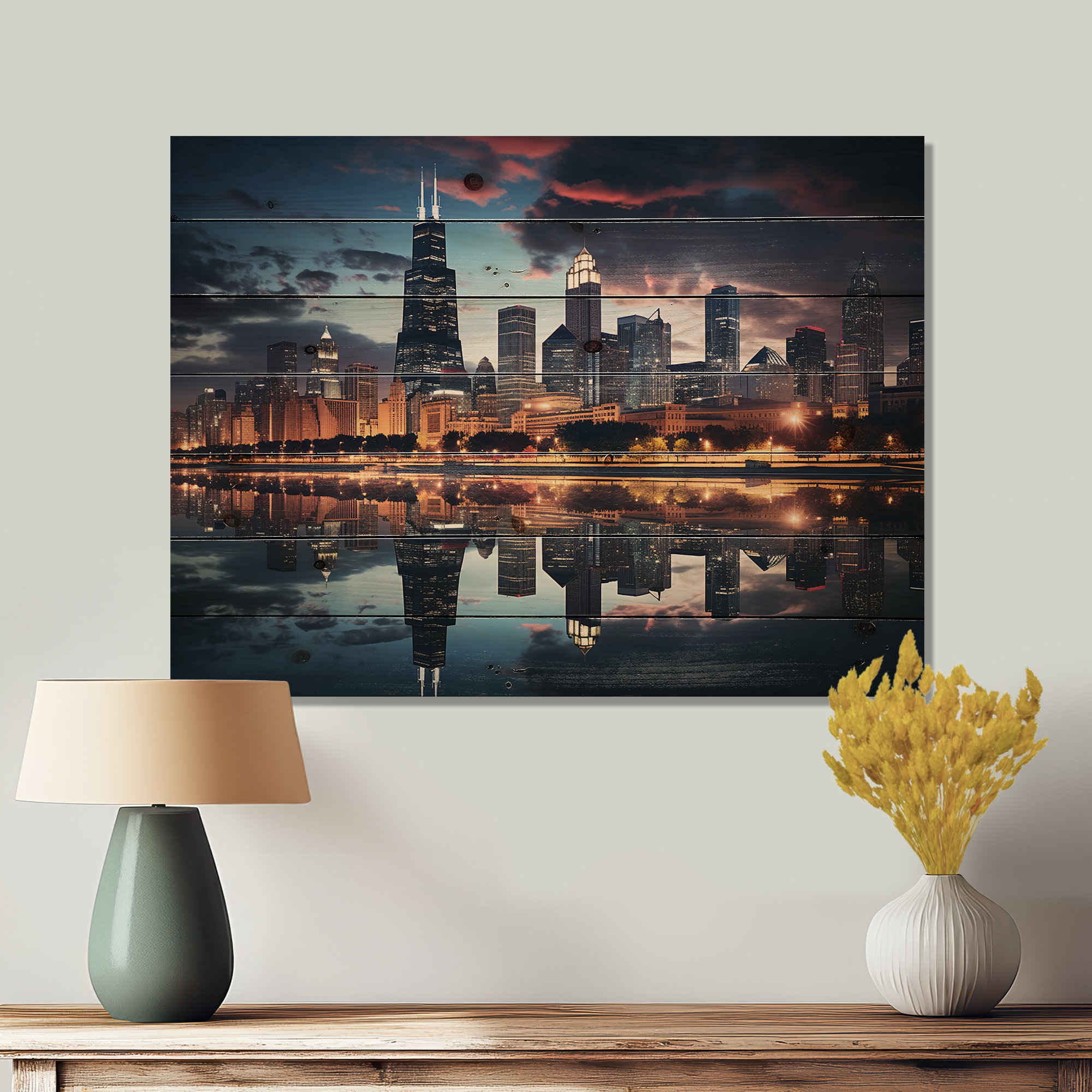 Design Art Chicago Beautiful Cityscape II - Cityscapes Wood Wall Decor ...