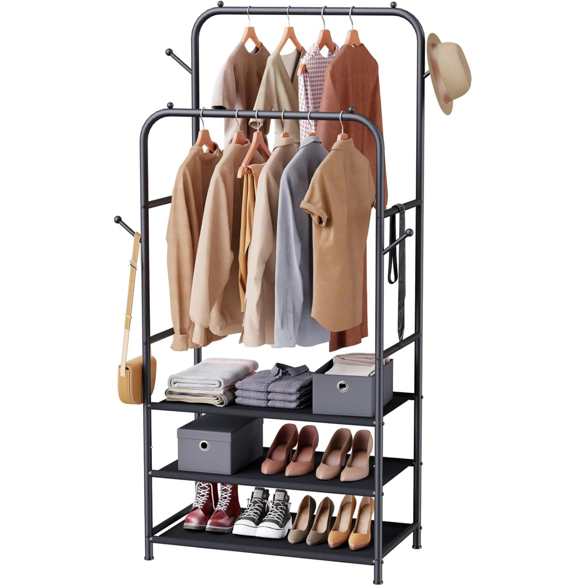 Latitude Run® Double Rods Clothing Garment Rack With 3-Tier Storage ...