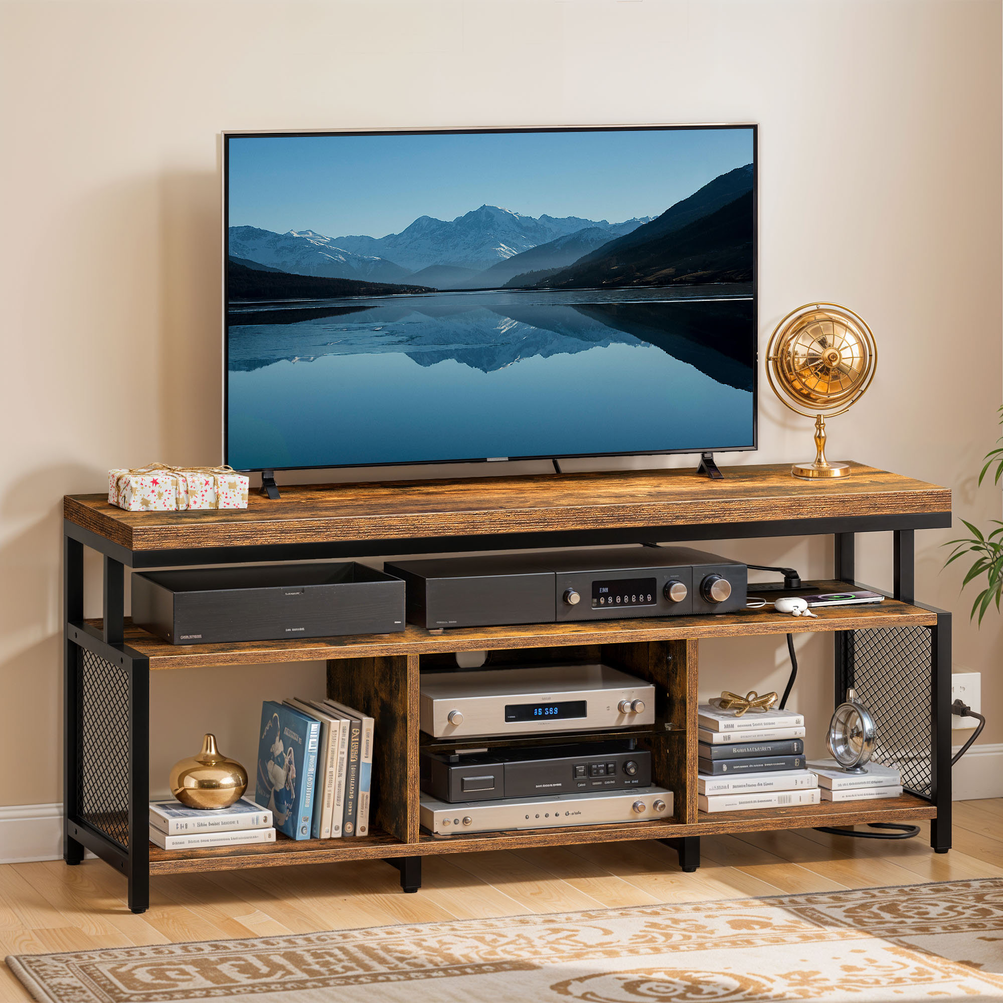 17 Stories Brynes Industrial TV Stand Media Console One-Piece Storage ...