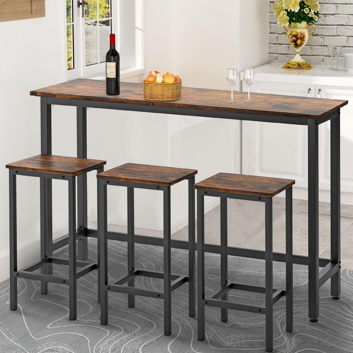 17 Stories 3-Person 4 Legs Dining Set: Extra-Long Counter-Height Table ...