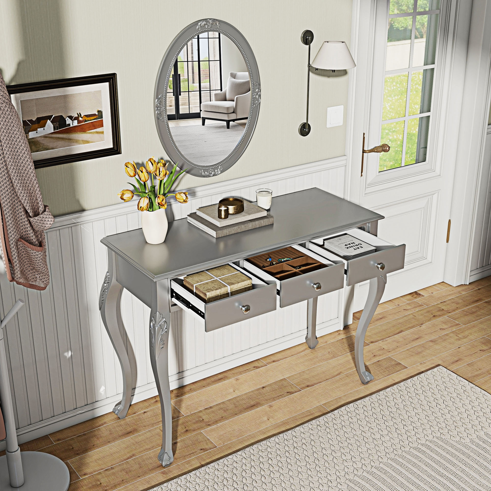 Everly Quinn Luxury Makeup Vanity Desk Console Table With Oval Mirror ...