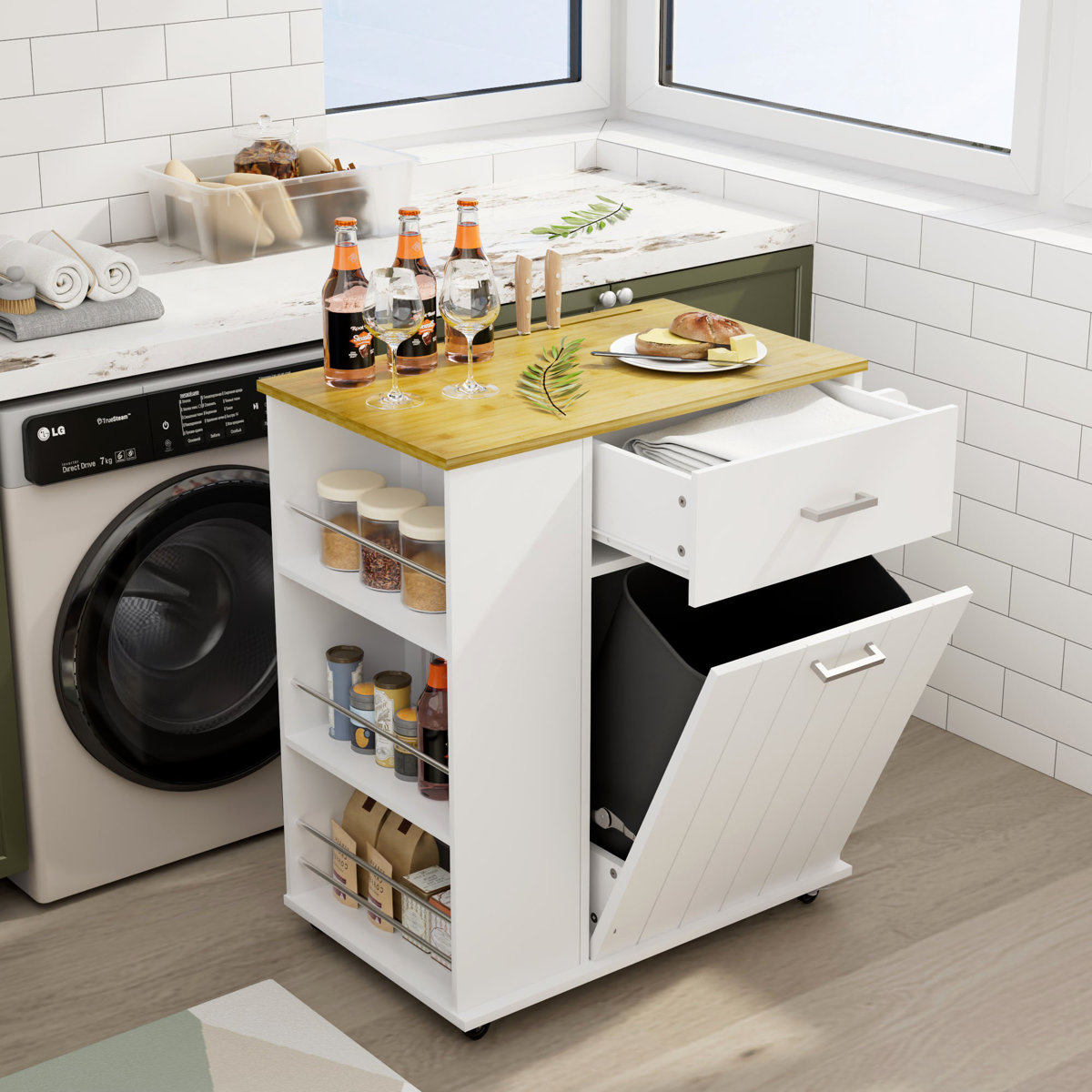 Ebern Designs Rolling Kitchen Island with Pull-Out Trash Bin Cabinet ...