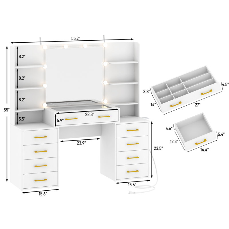 Mercer41 Tempered Glass Top Makeup Vanity Desk With LED Lights And ...