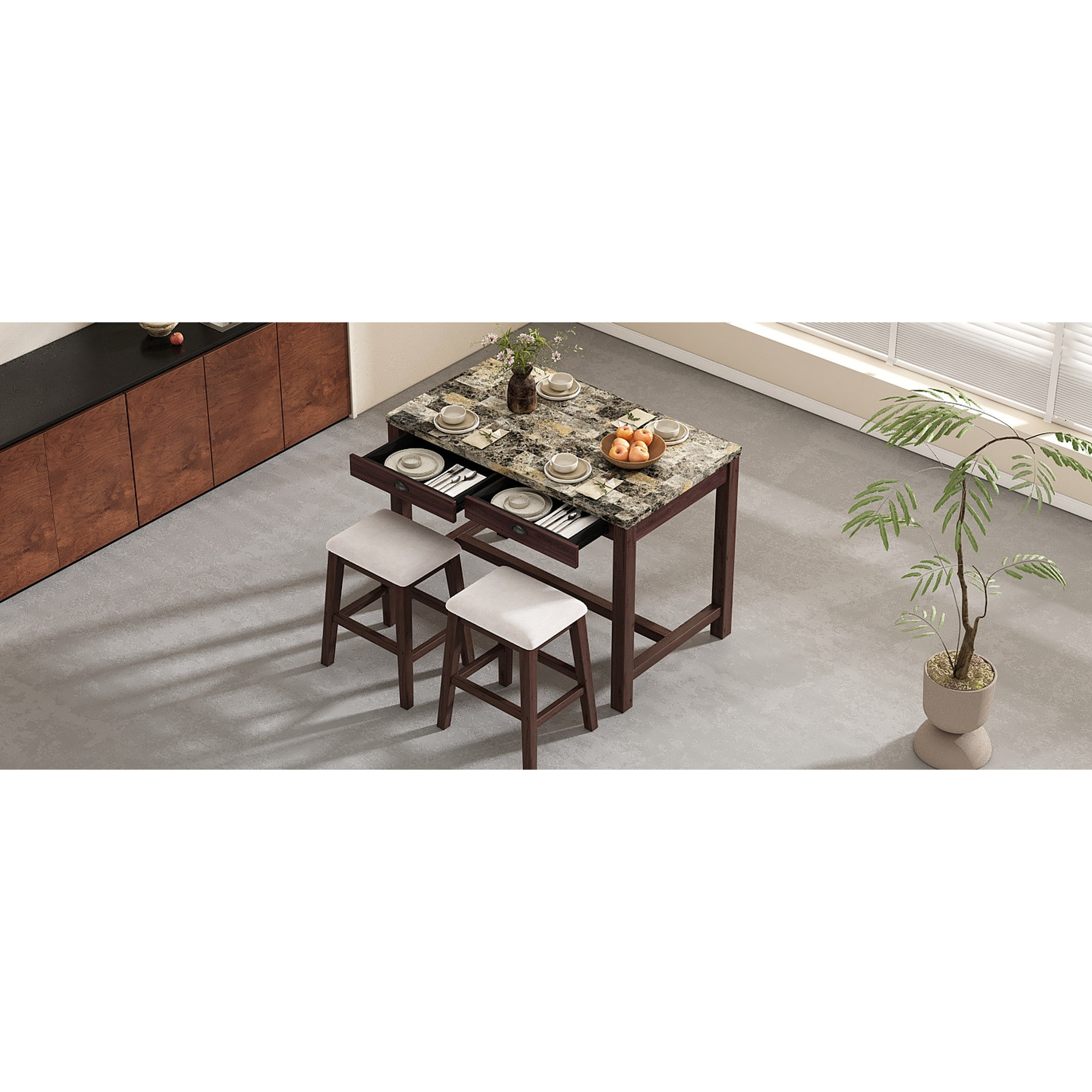 Ivy Bronx Faux Marble-topped Bar Table With Storage Drawers And Stools ...