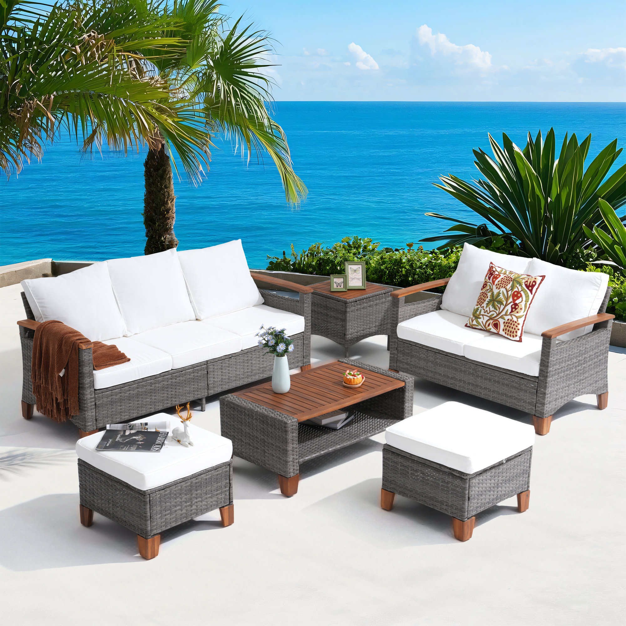Latitude Run® 6-Piece Outdoor Wicker Conversation Set With Sofa ...