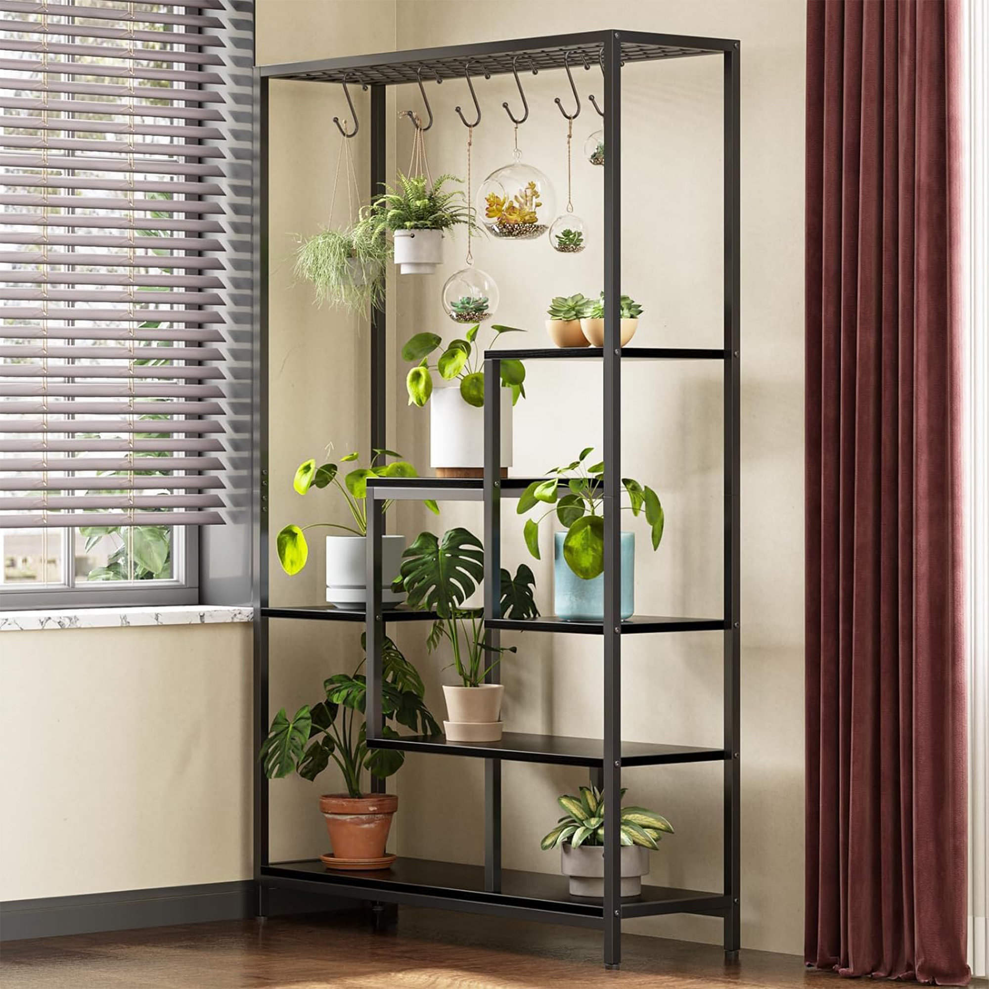 17 Stories 5-Tier Tall Indoor Plant Stand With Hanging Hooks 70.9 ...