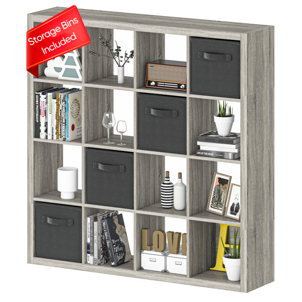 Latitude Run® Bookshelf with Storage Bins, 16-Cube Storage Organizer ...