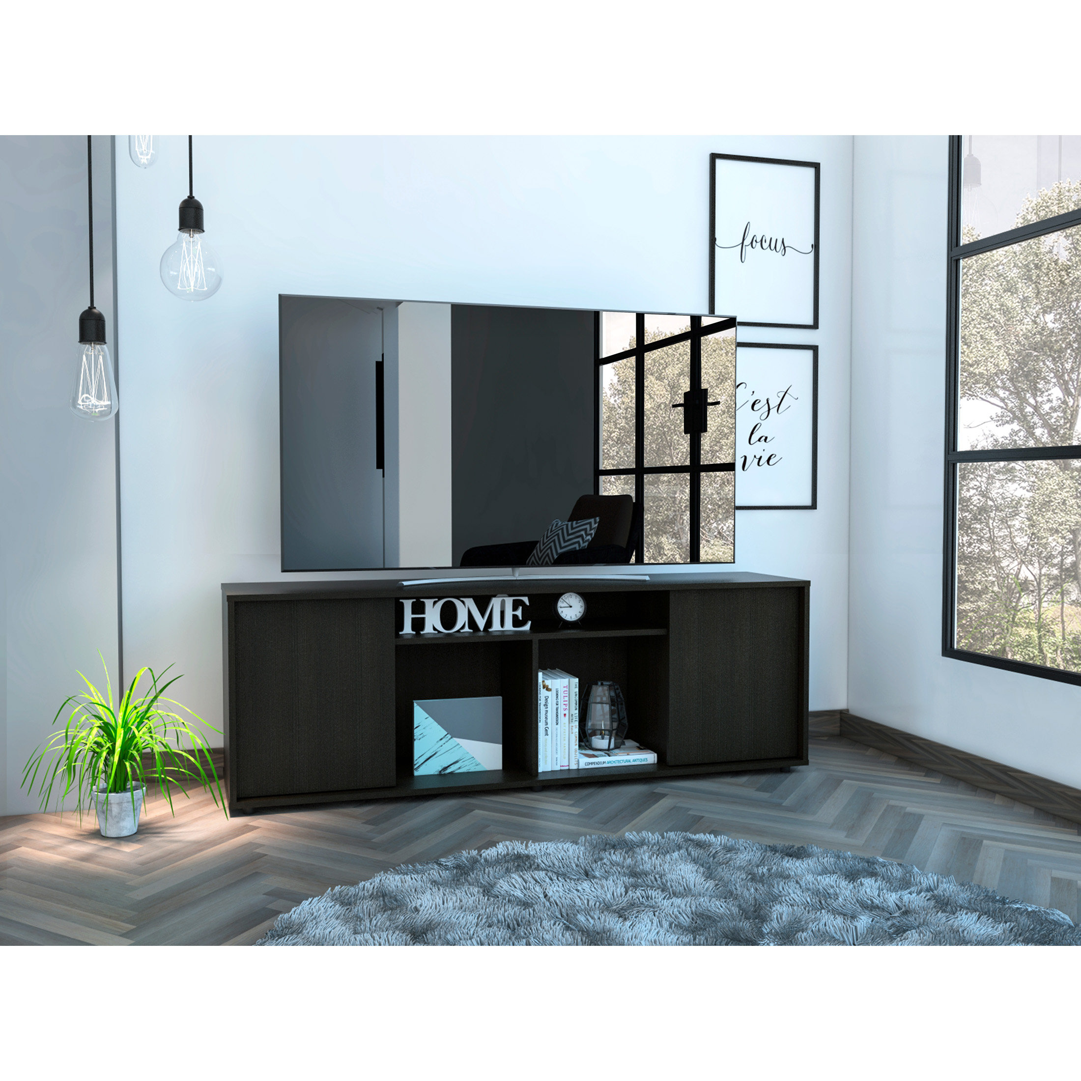 Latitude Run® Tv Stand for TV´s up 60" Tucson, Four Shelves, Black ...