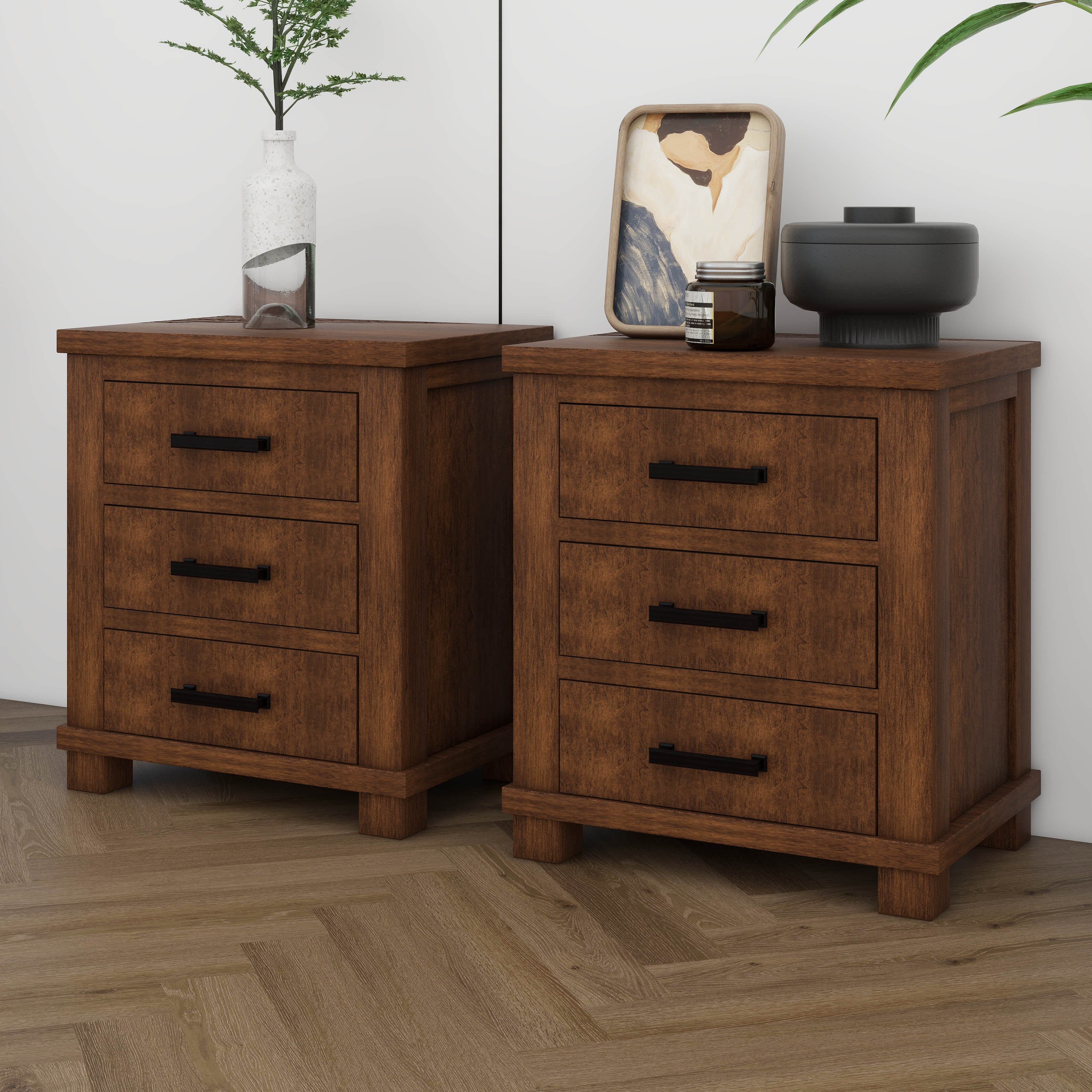 Millwood Pines Wood Nightstands Set Of 2, Bedside Tables 3 Drawer Sofa ...