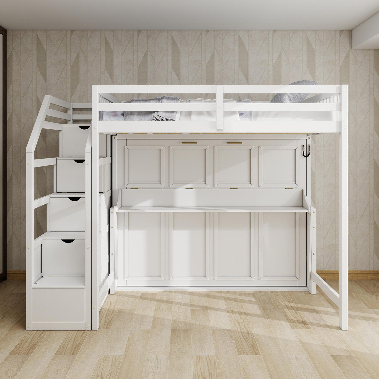 Harriet Bee Full Size White Murphy Loft Bed With Led Lights, Storage ...