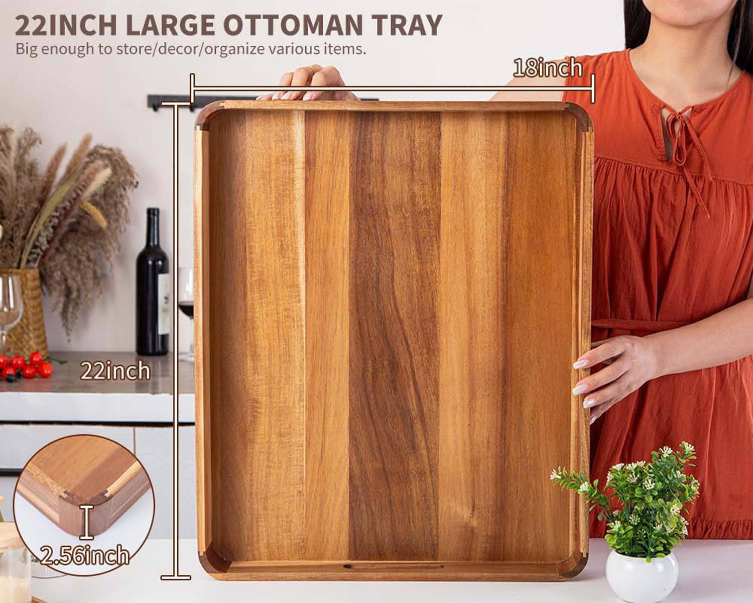 One Allium Way Large Wooden Ottoman Tray, Great 22"X18" Rectangle Trays ...