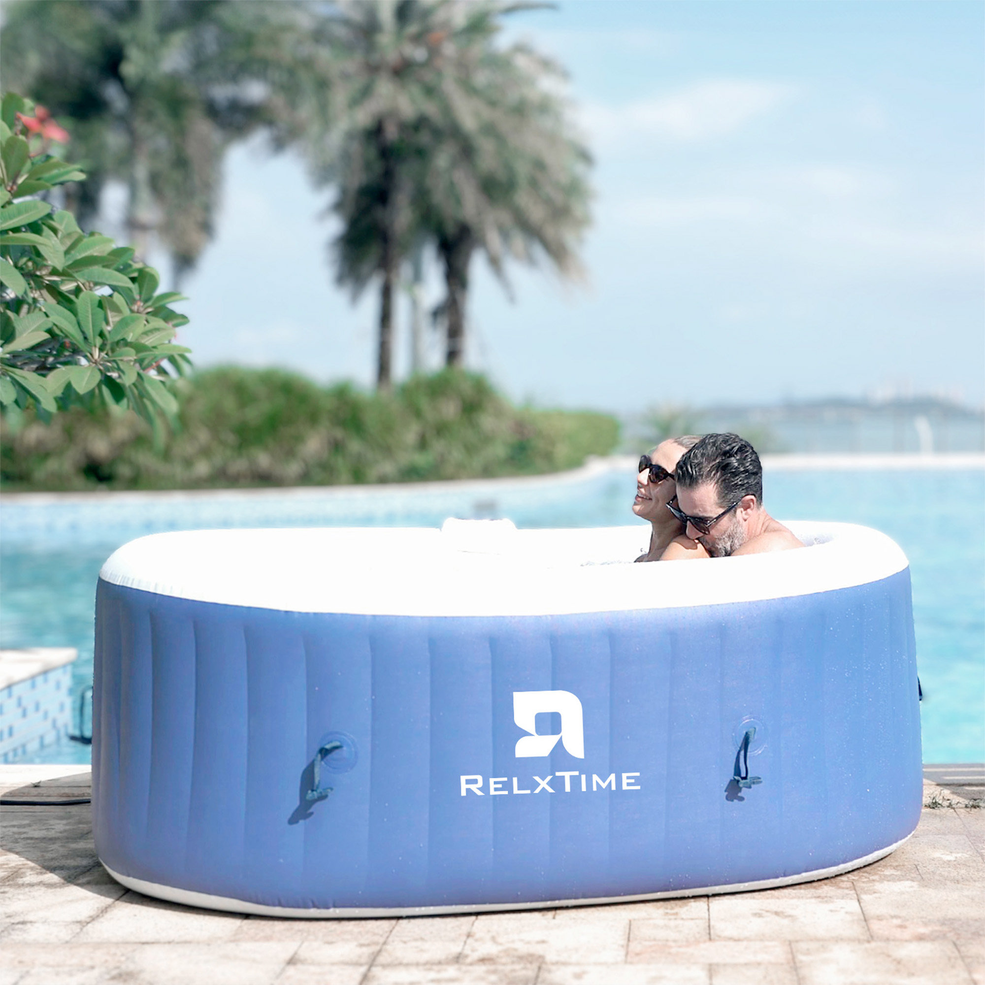 RELXTIME Portable Oval Energy-Saving Inflatable Hot Tub for 2 People with Insulation Cover and ...