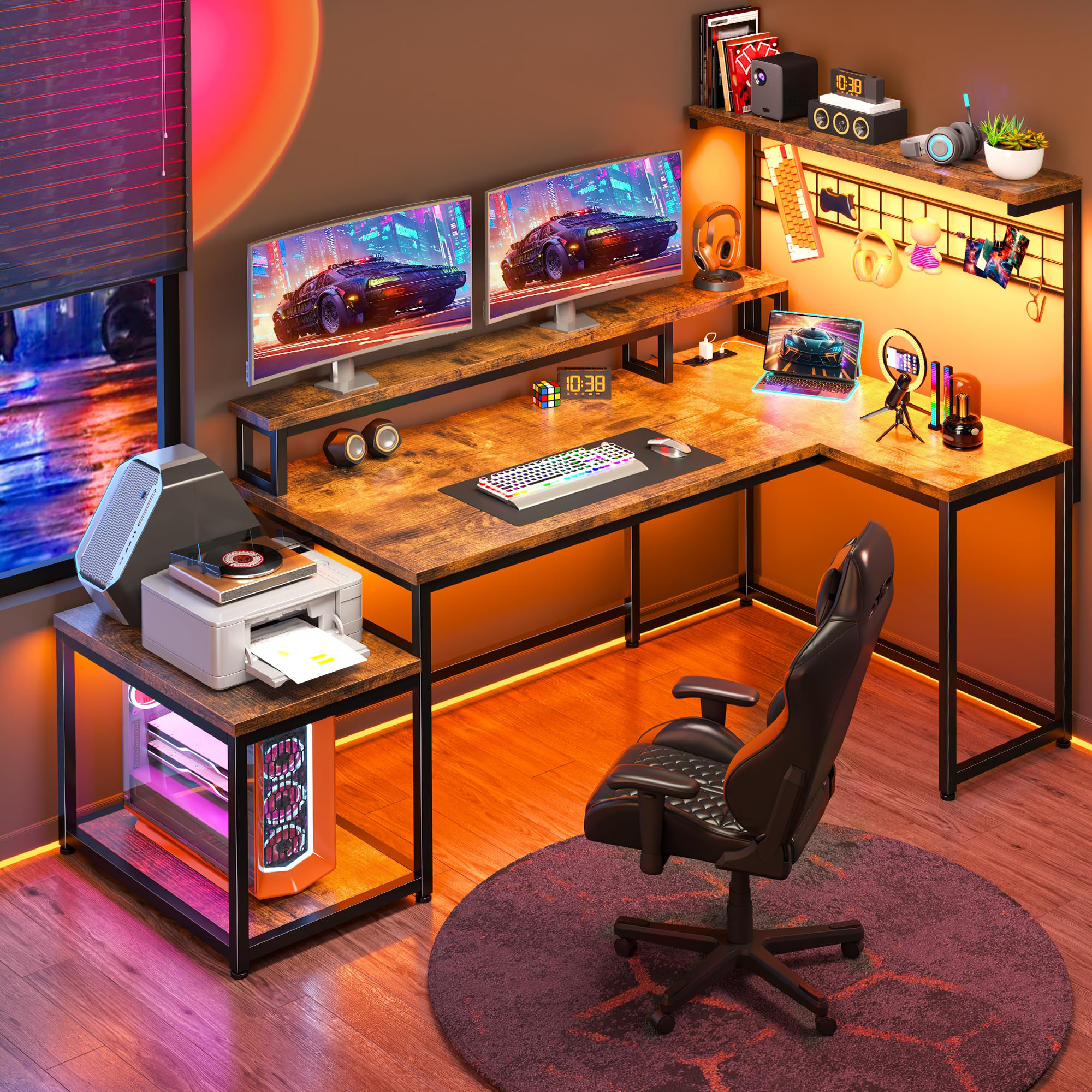 Inbox Zero L Shaped Gaming Desk with LED 55" Gaming Desk with Power ...