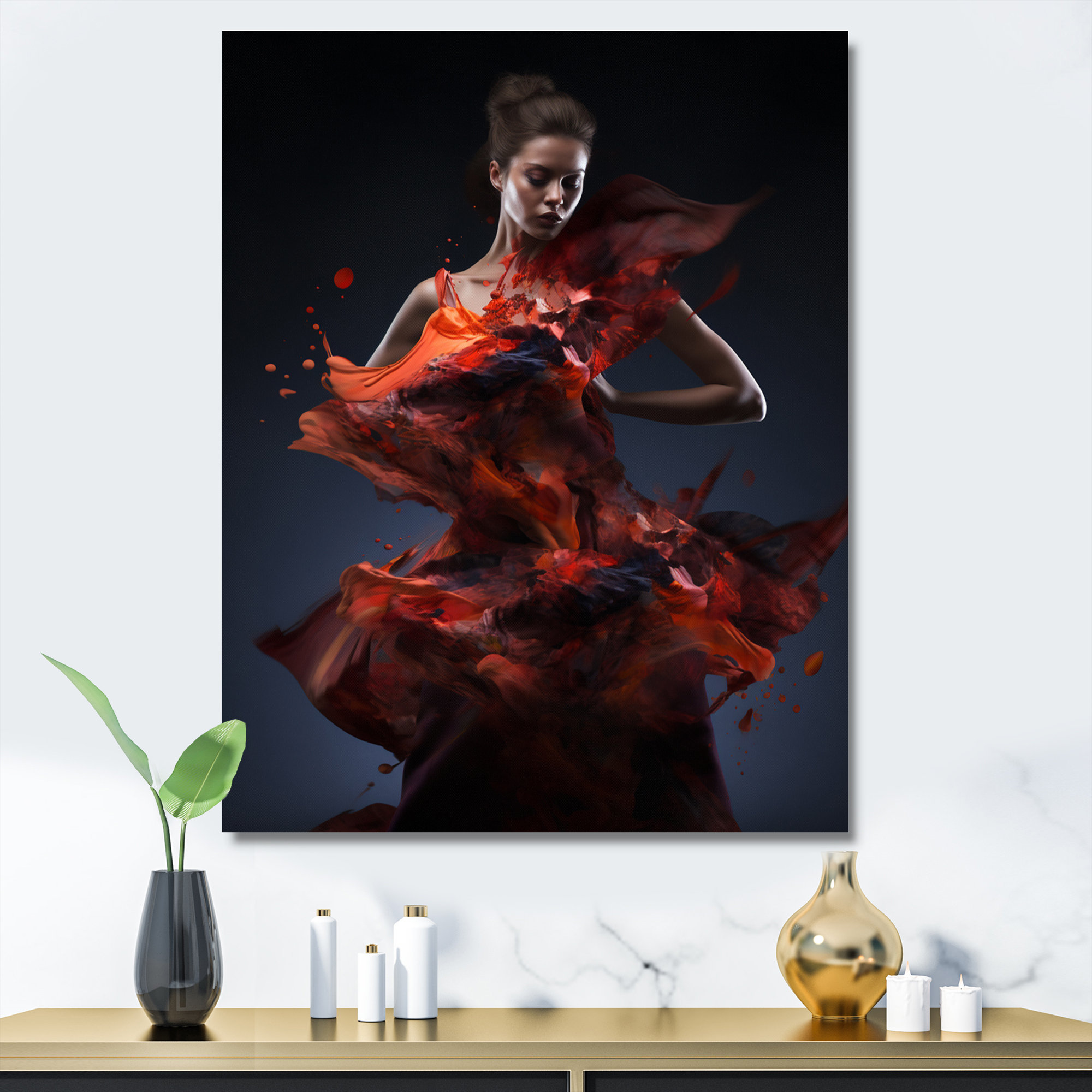 Ebern Designs Dazzling Dance In Liquid Red Dress - Print on Canvas ...