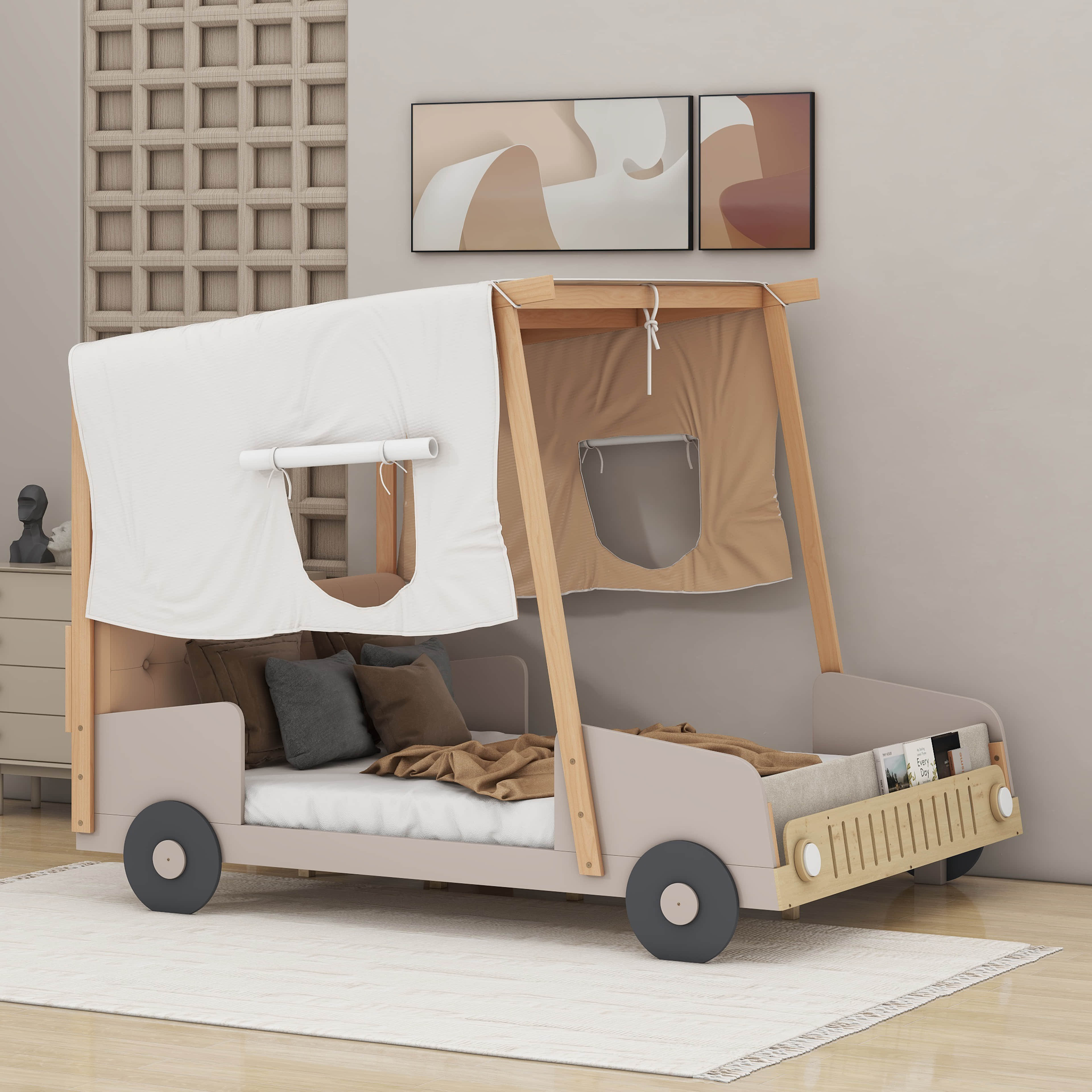 Ophelia & Co. Wood Car Bed With Pillow, Ceiling Cloth And LED | Wayfair