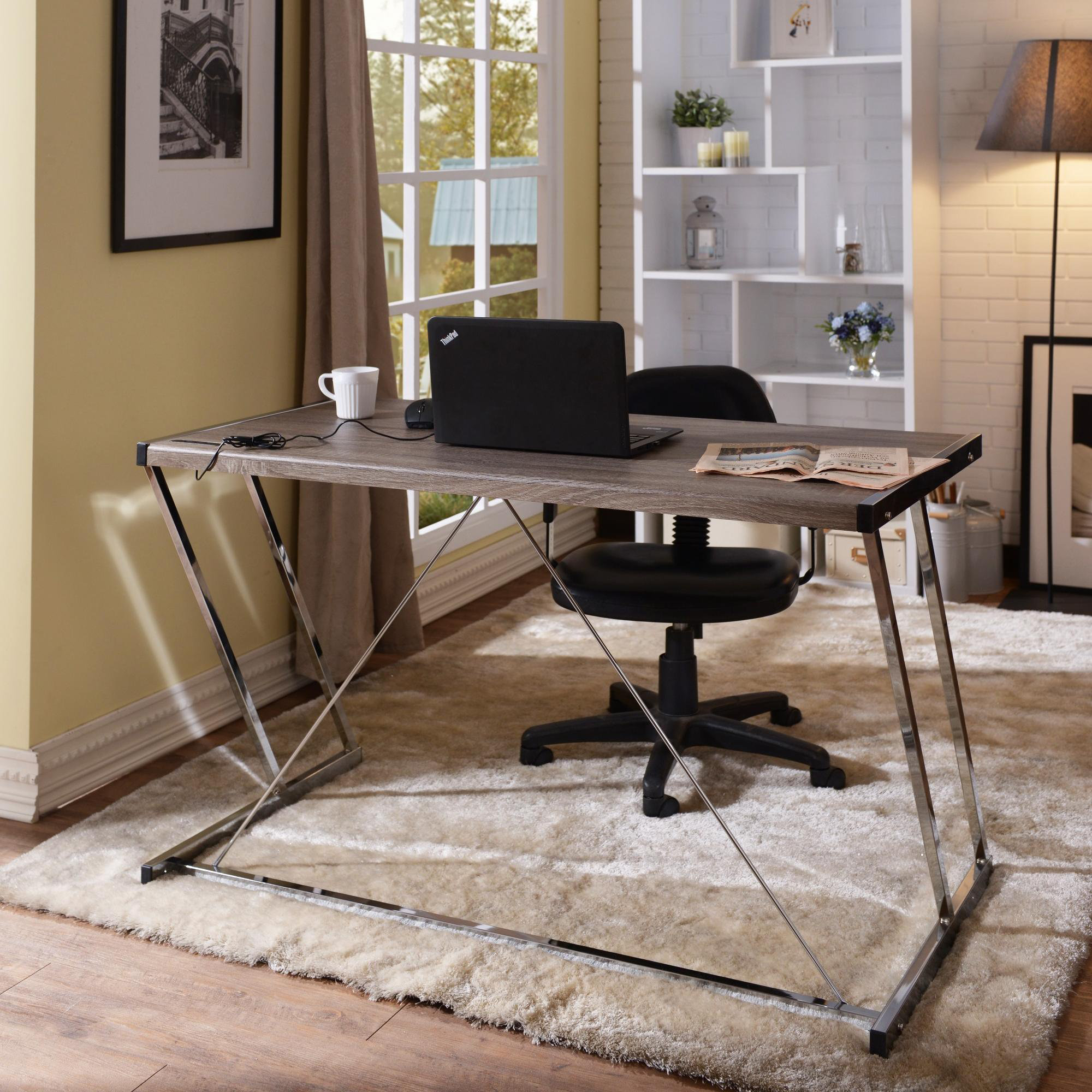 Ebern Designs Weathered Oak & Chrome Writing Desk with Port In USB ...