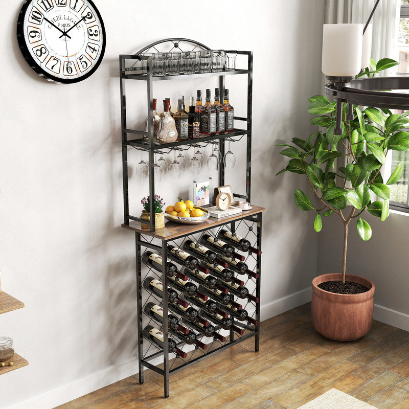 Ophelia & Co. 3-Tier Wine Rack Bar Table, Metal & Wood Liquor Bottle ...