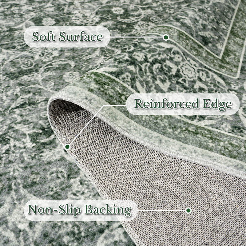 Bungalow Rose Washable Area Rug Green Floral Soft Accent Carpet Vintage ...