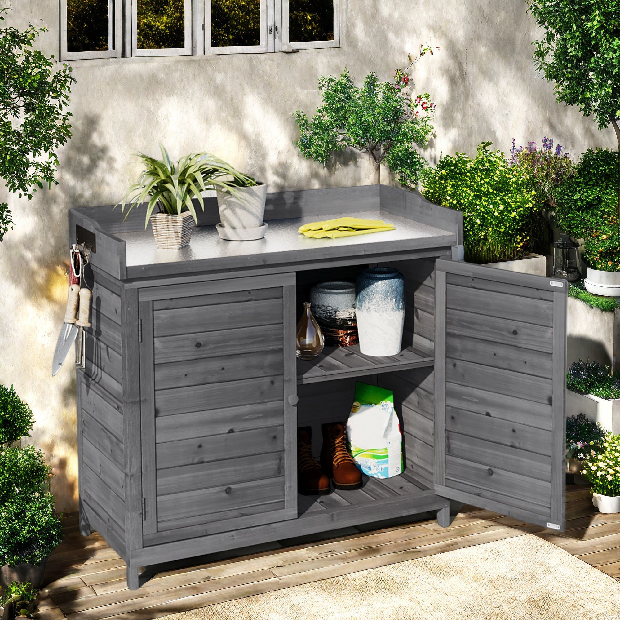 Red Barrel Studio Outdoor 39 Potting Bench Table With 2-tier Shelves ...