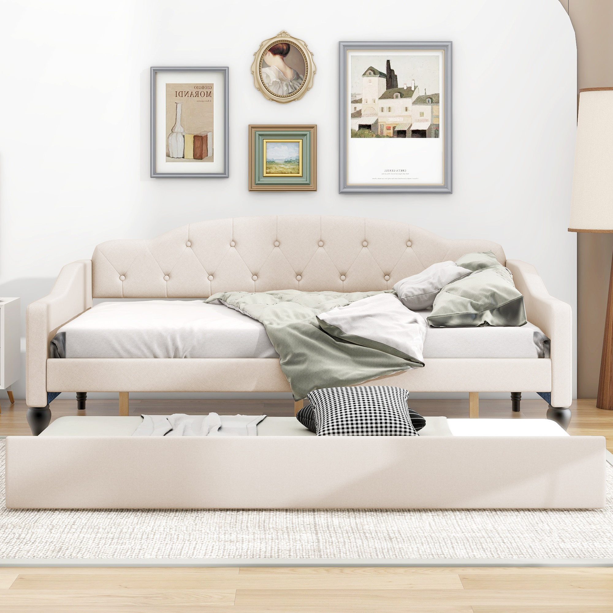 Alcott Hill® Full Upholstered Tufted Daybed with Pull-Out Twin Trundle ...