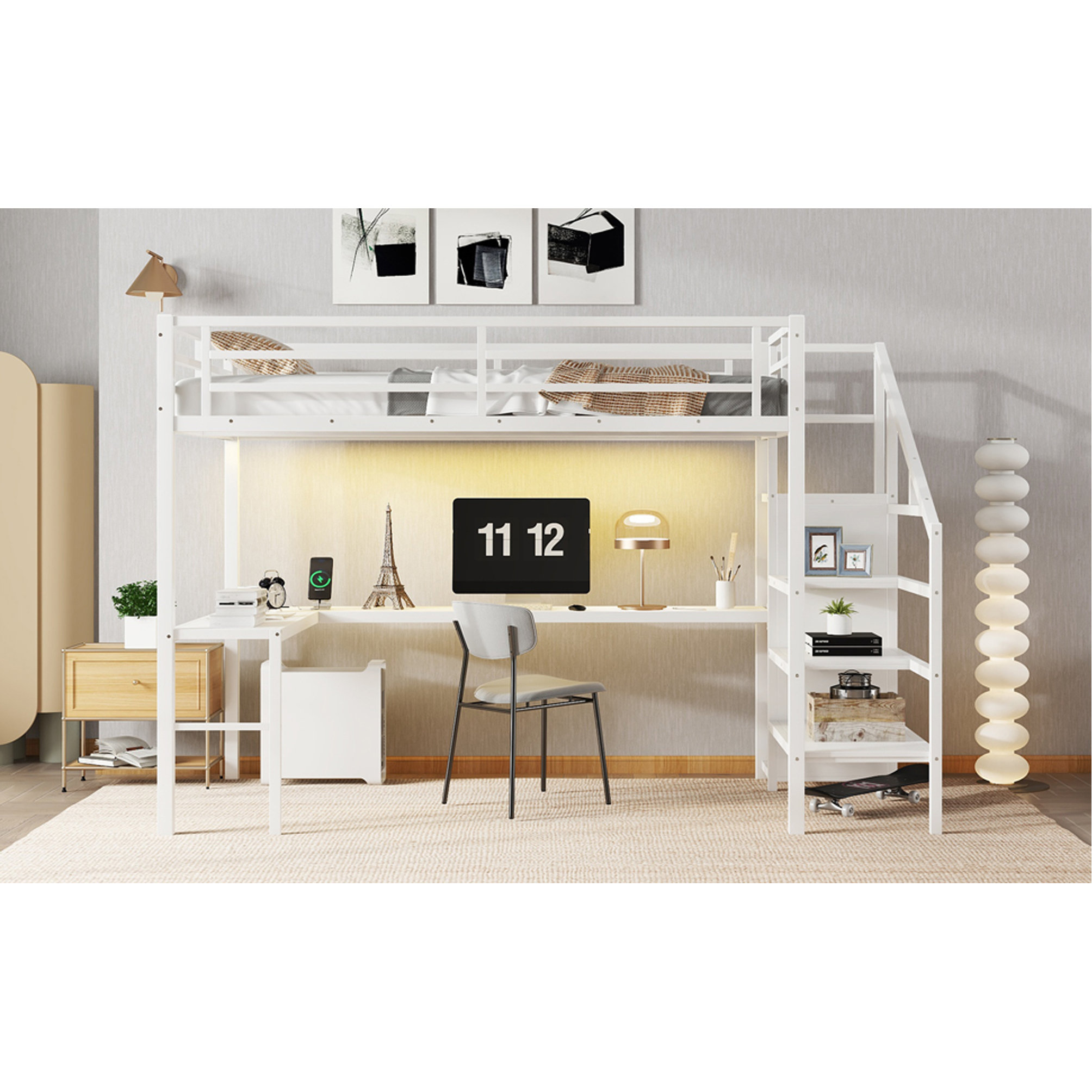 George Oliver Loft Bed With L-Shaped Desk And USB, Metal Loft Bed With Wardrobe And Adjustable ...