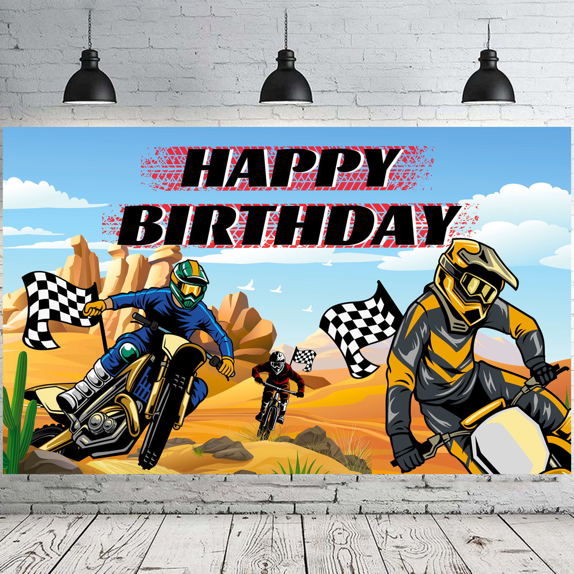 The Party Aisle™ Motorcycle Happy Birthday Backdrop, 71''x43'' Dirt Bike Photography Background ...