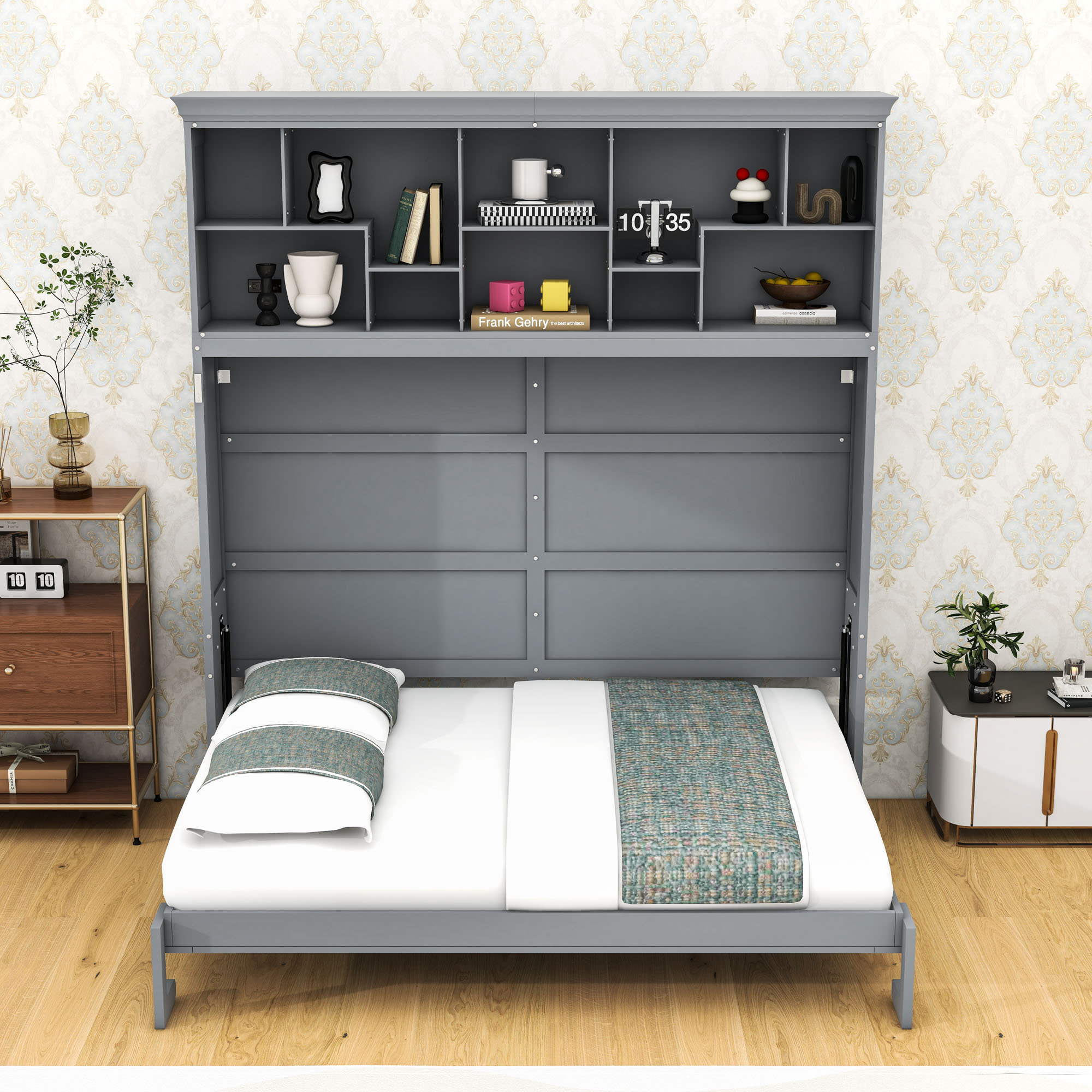 Red Barrel Studio® Queen Wood Murphy Bed with Shelves and Charing ...