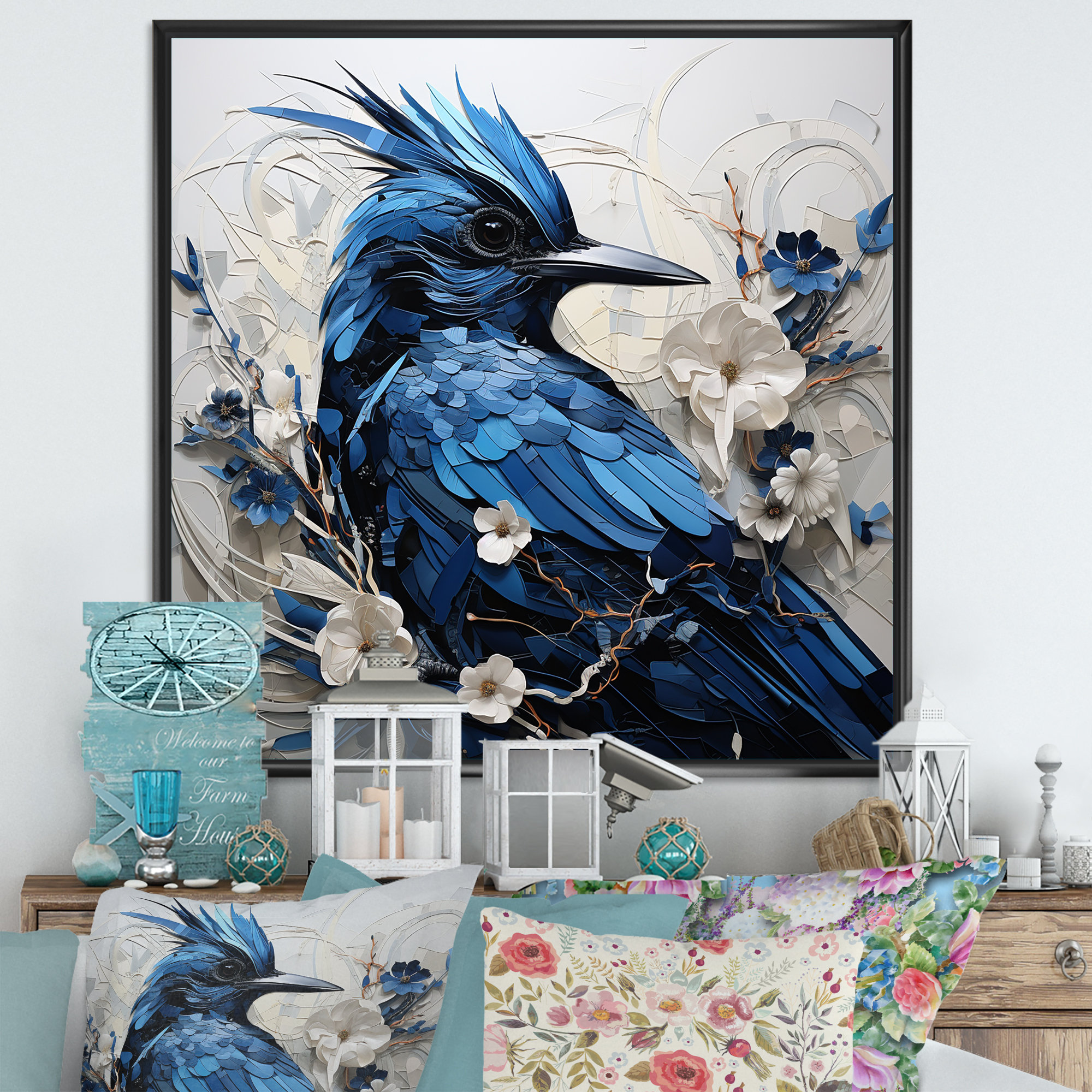 Design Art Bird Minimalism White Flowers Carnation I Framed On Canvas ...