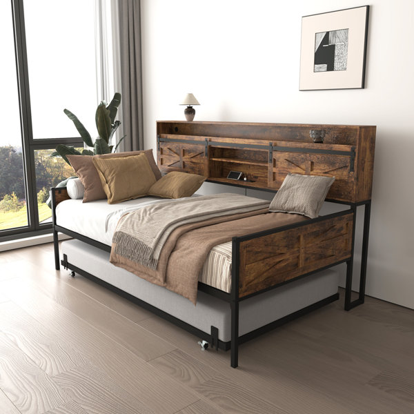 Ivy Bronx Farmhouse Twin Daybed with Trundle, Barn Door Headboard with ...