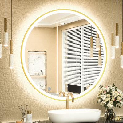 Wrought Studio™ LED Round Vanity Mirror Lighted Metal Wall Mirror ...