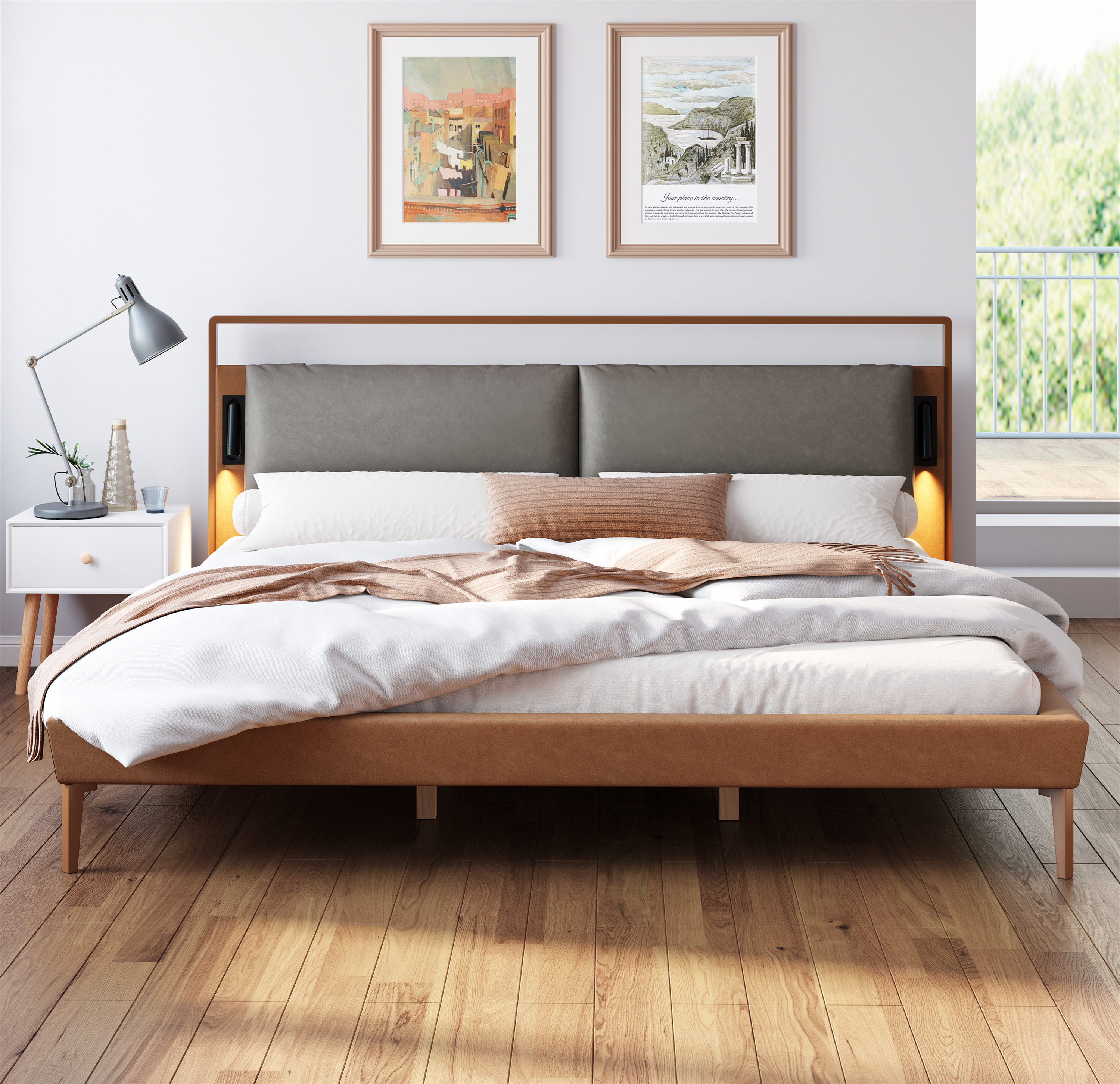 Latitude Run® Terry PU Leather Bed With Padded Headboard & LED Lights ...