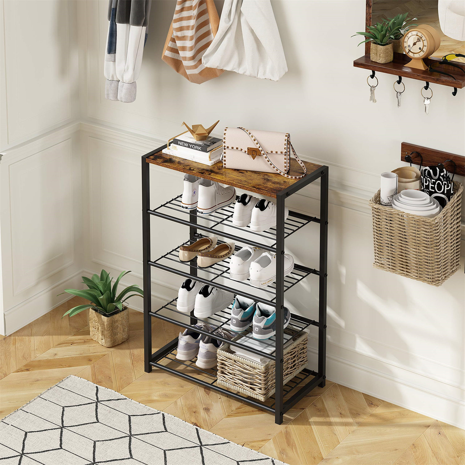 17 Stories Elegant Rustic 5-Tier Shoe Rack - Chic Storage For Bathroom ...