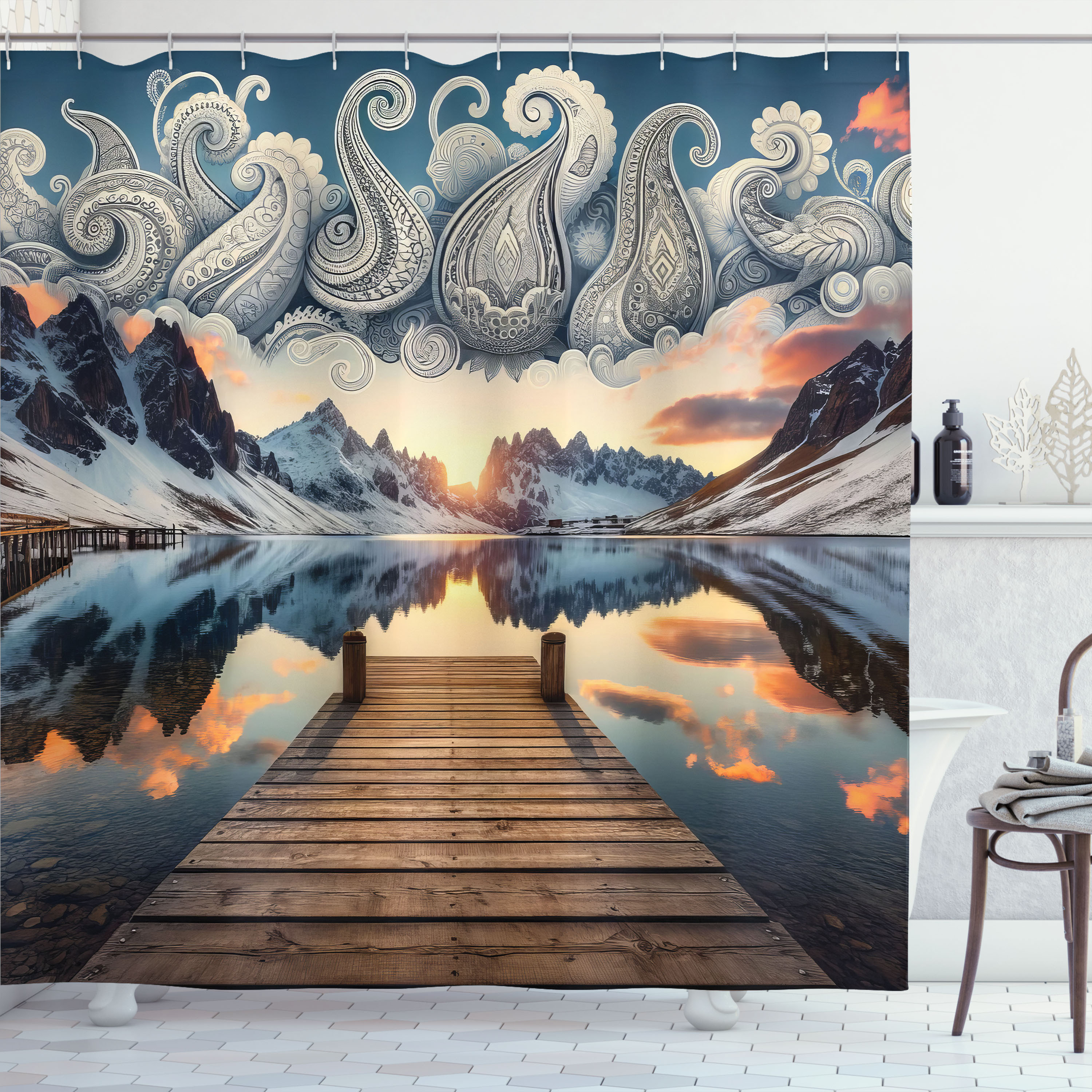 East Urban Home Lake Shower Curtain Sunset Mountains Pier Paisley in ...