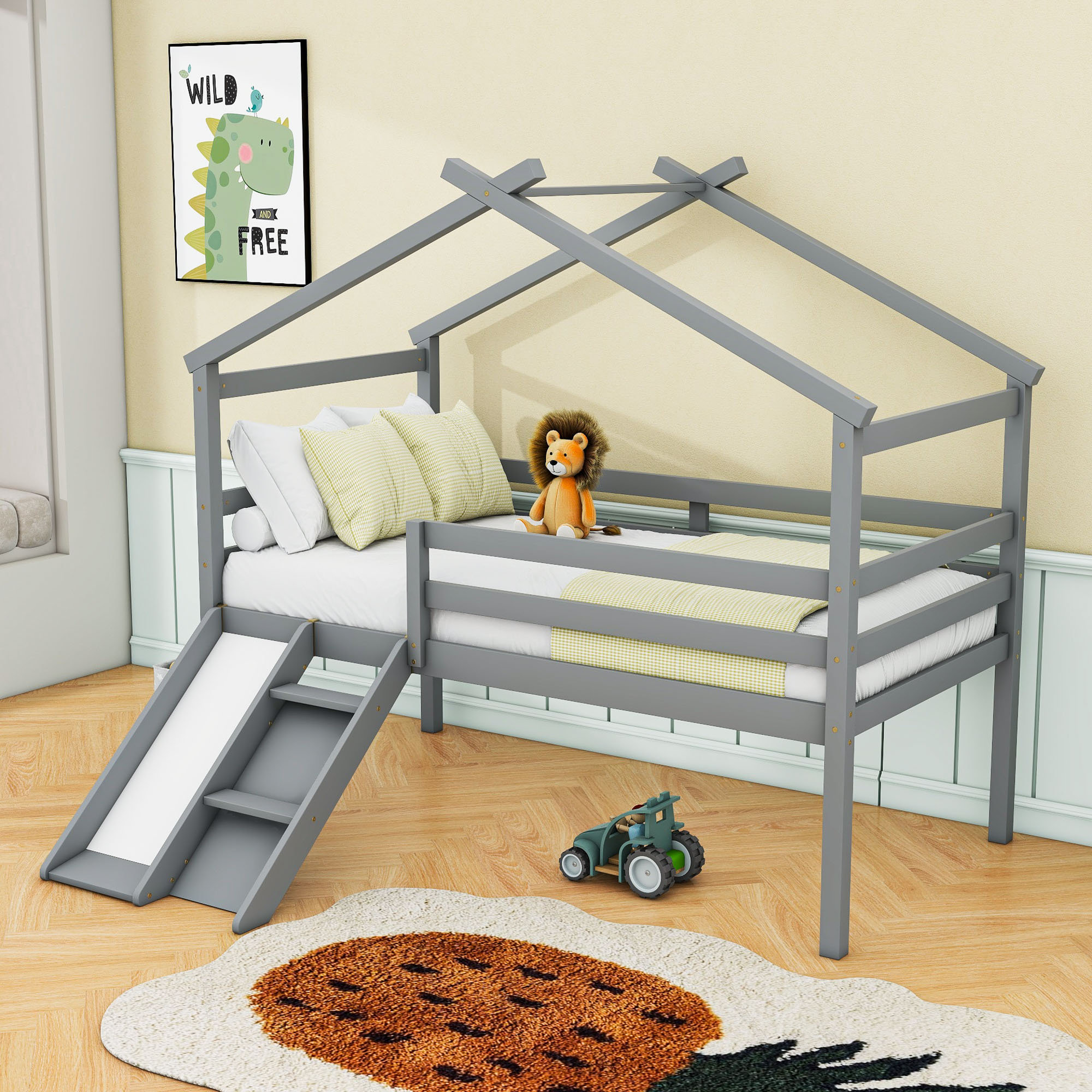 Harper Orchard Twin Low Loft House Bed With Slide | Wayfair