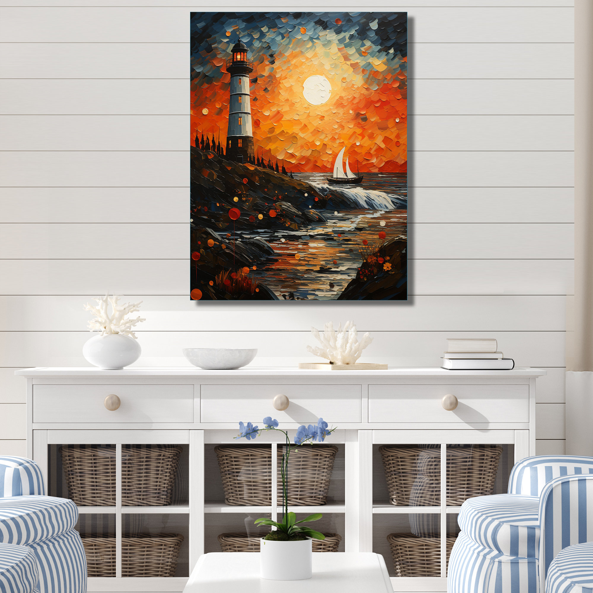 Latitude Run® Art mural en métal «Phare guidant le pointillisme V ...