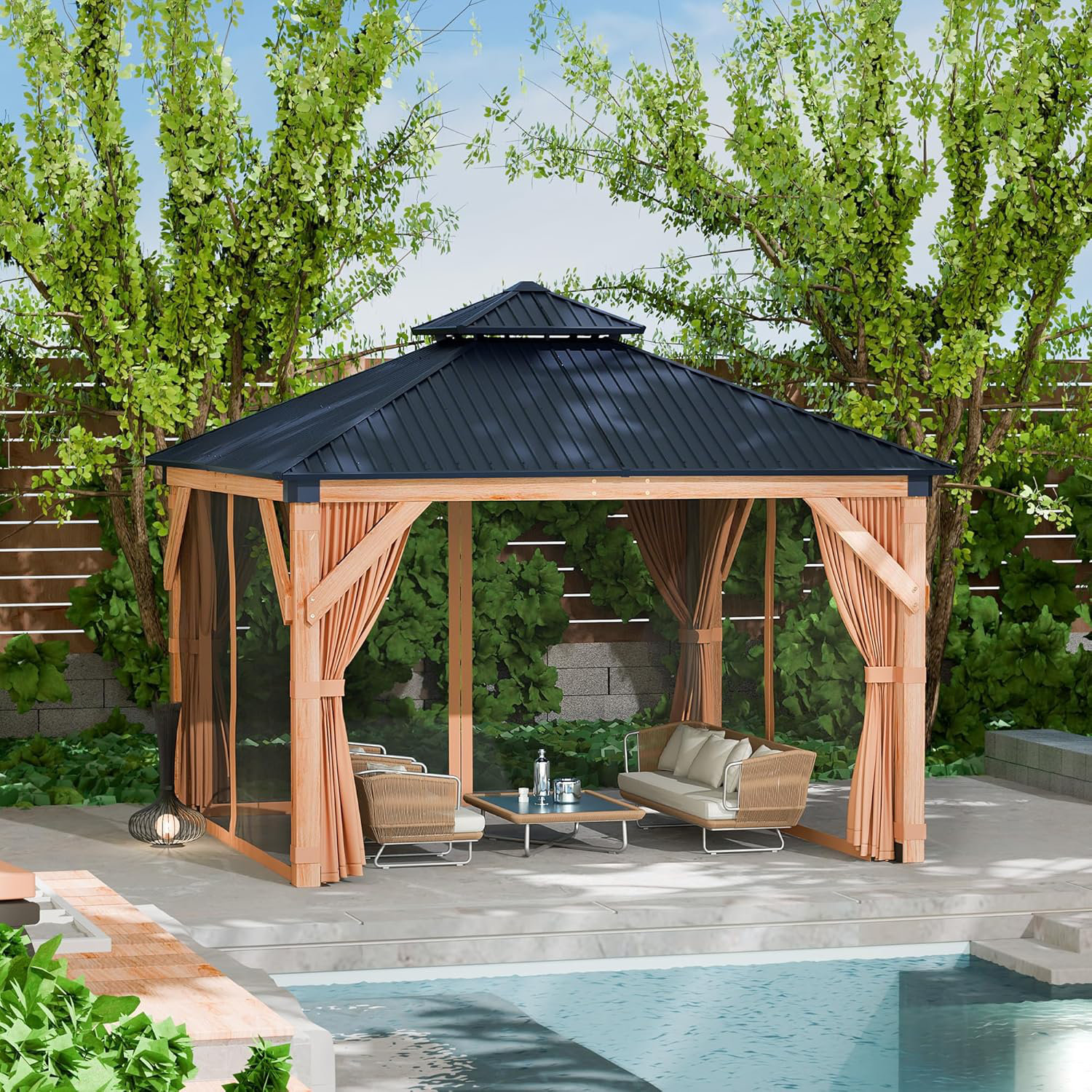 Yuan Home Hardtop Spruce Wood Gazebo With Double Metal Roof, 4.7" Heavy ...