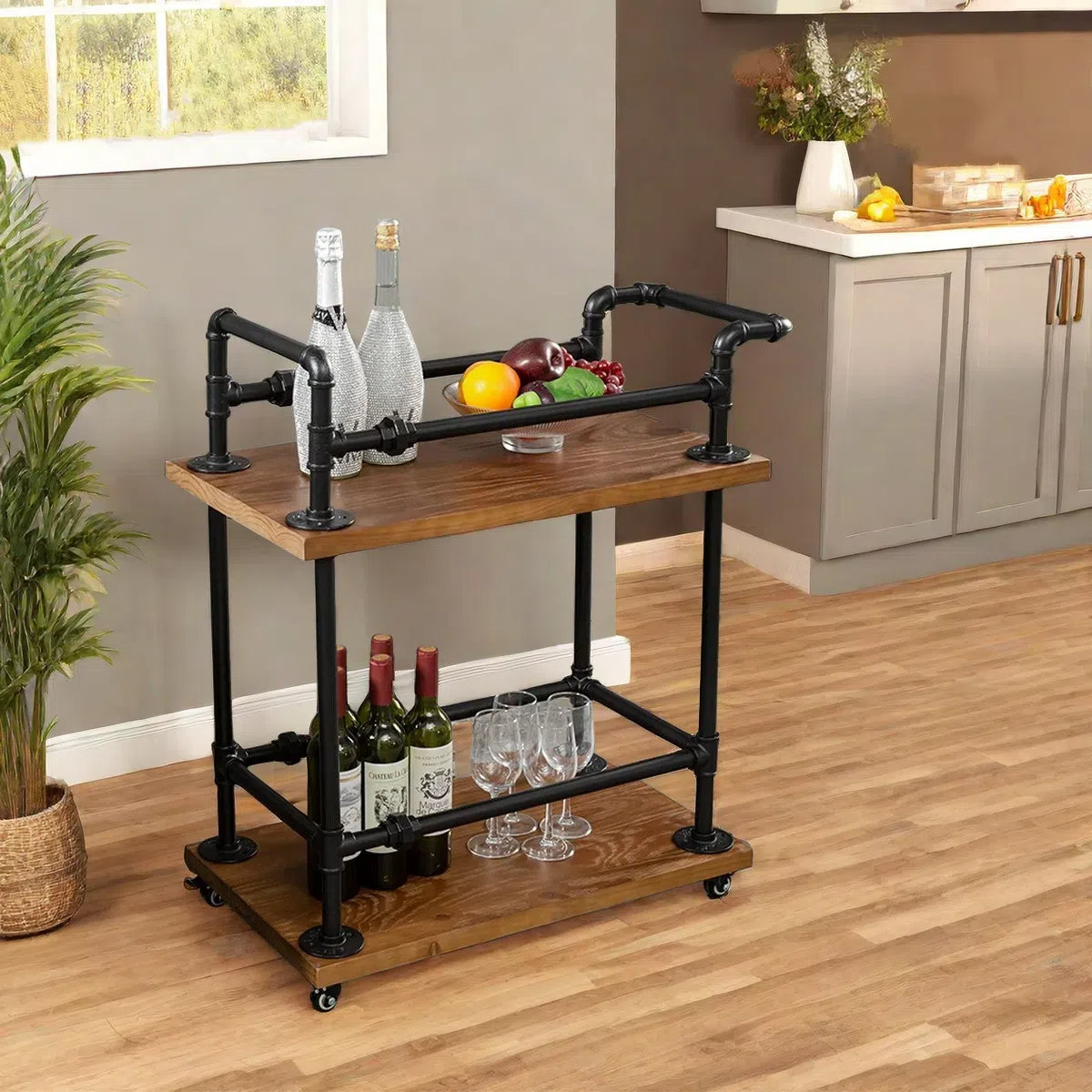 Williston Forge 2 Tier Bar Cart For Home, Rolling Mini Liquor Bar For ...