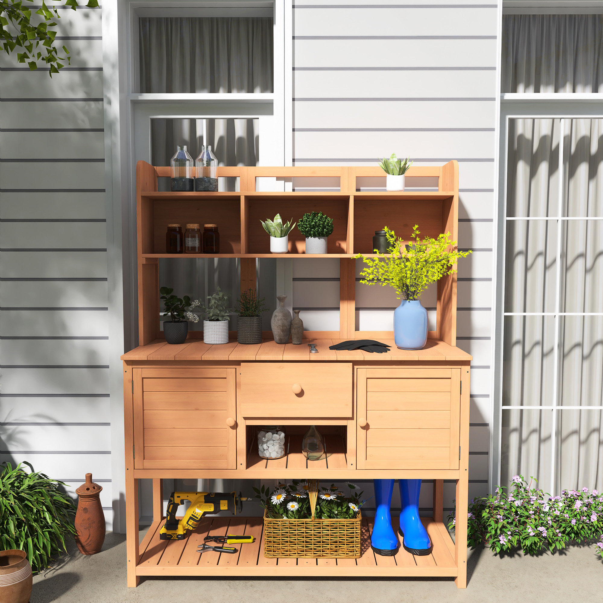 Red Barrel Studio® 66.1" H Fir Wood Potting Bench Table With Drawer ...