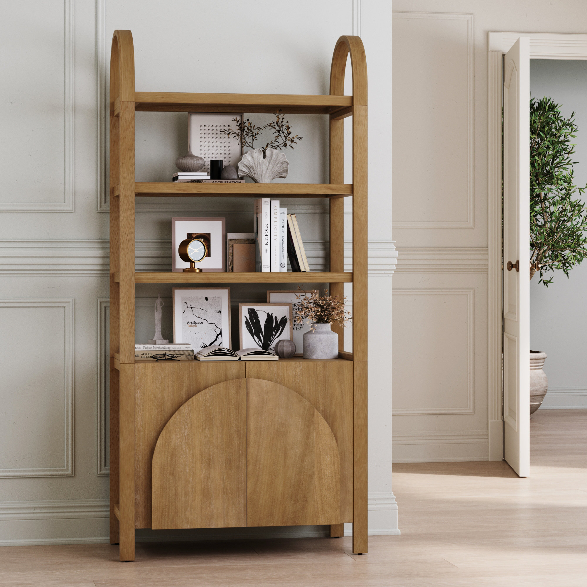 Latitude Run® Gillen 3 Tier Arched Bookshelf With Cabinet Base And ...