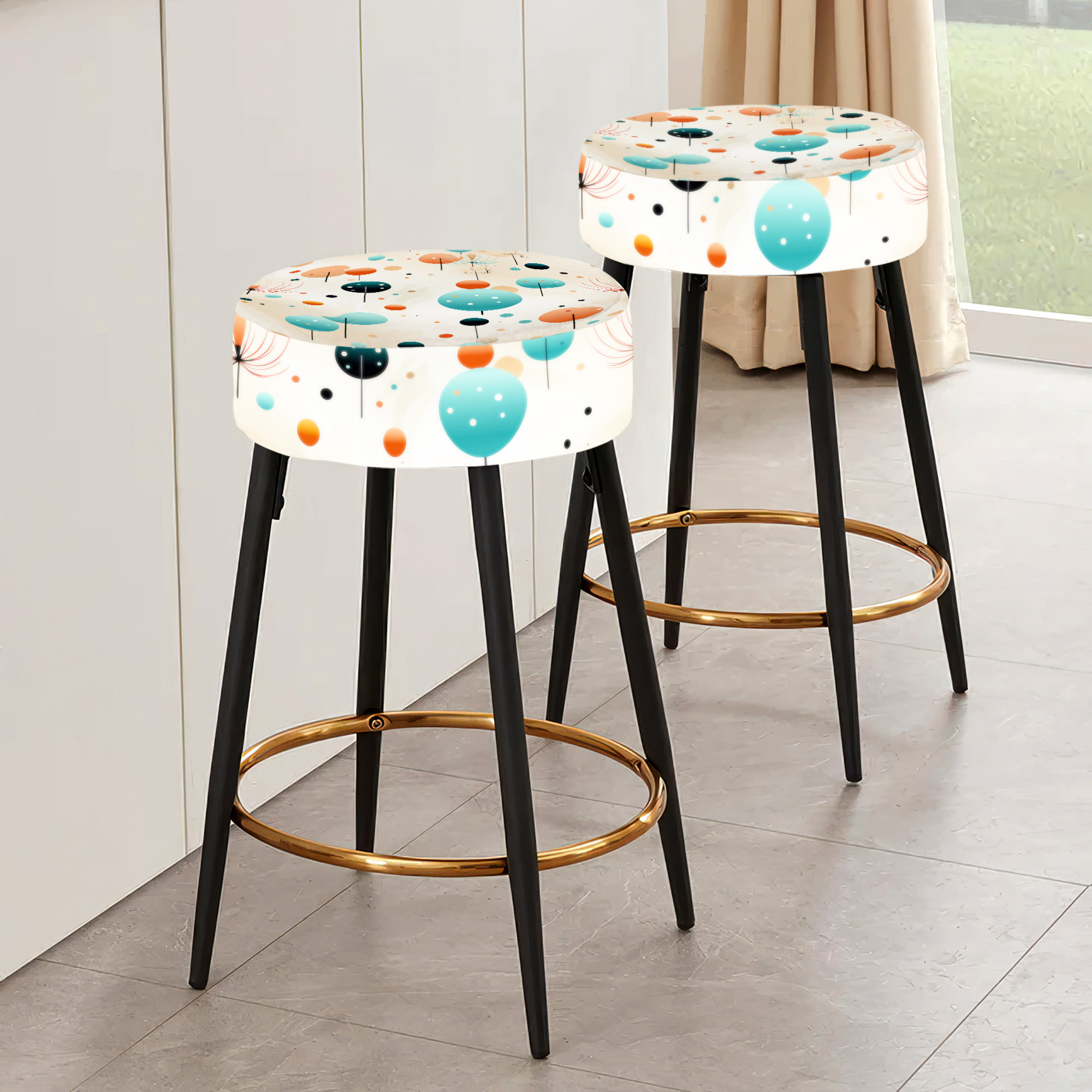Design Art Blue Funky Polka Dot Floral Delights - Vintage Bar Stools ...