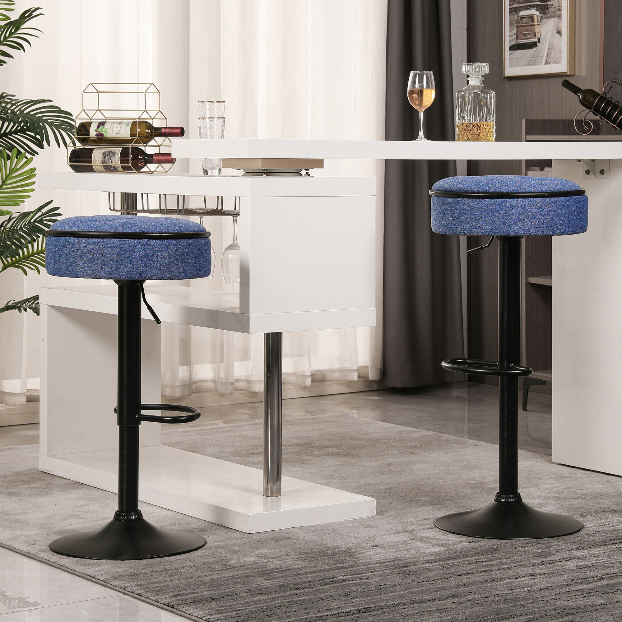 George Oliver Round Storage Bar Stool Set Of 2, Linen Height Adjustable ...