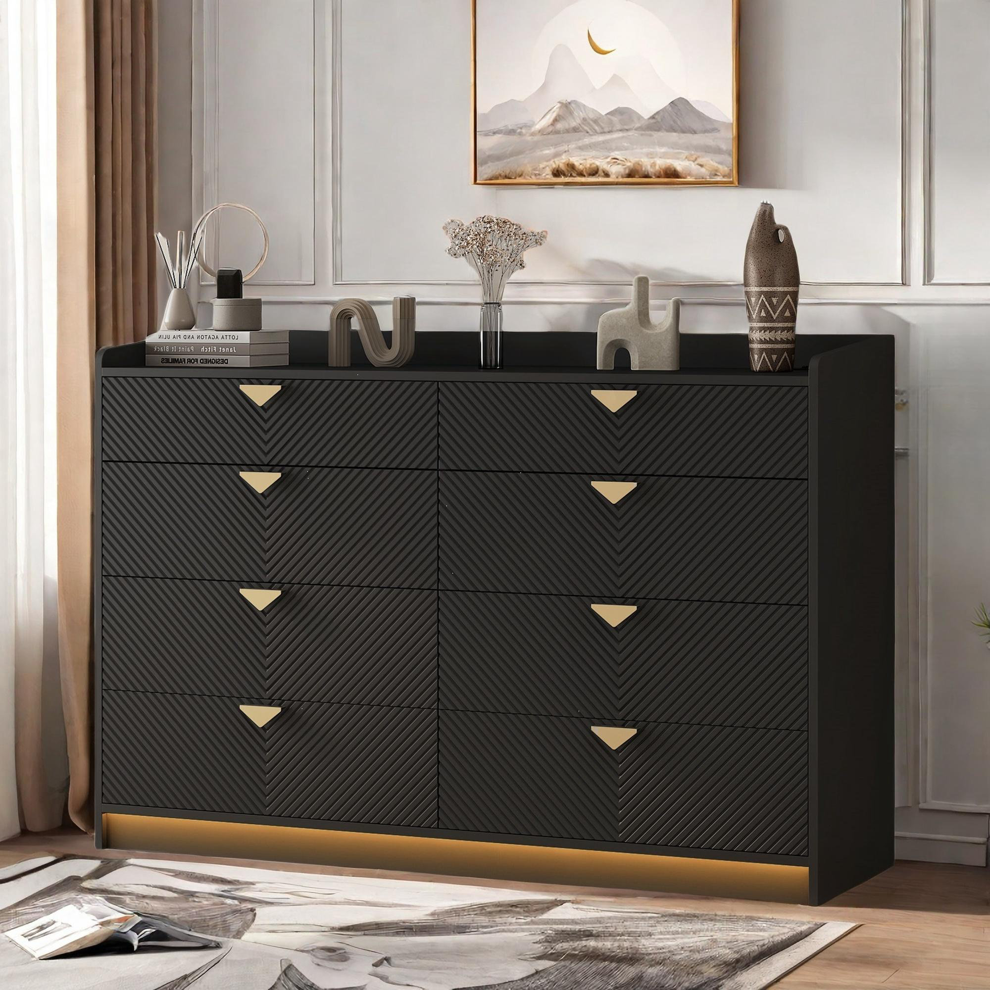 Mercer41 Modern Dresser With 8 Drawers, Led Light, Wavy Fluted Panels ...