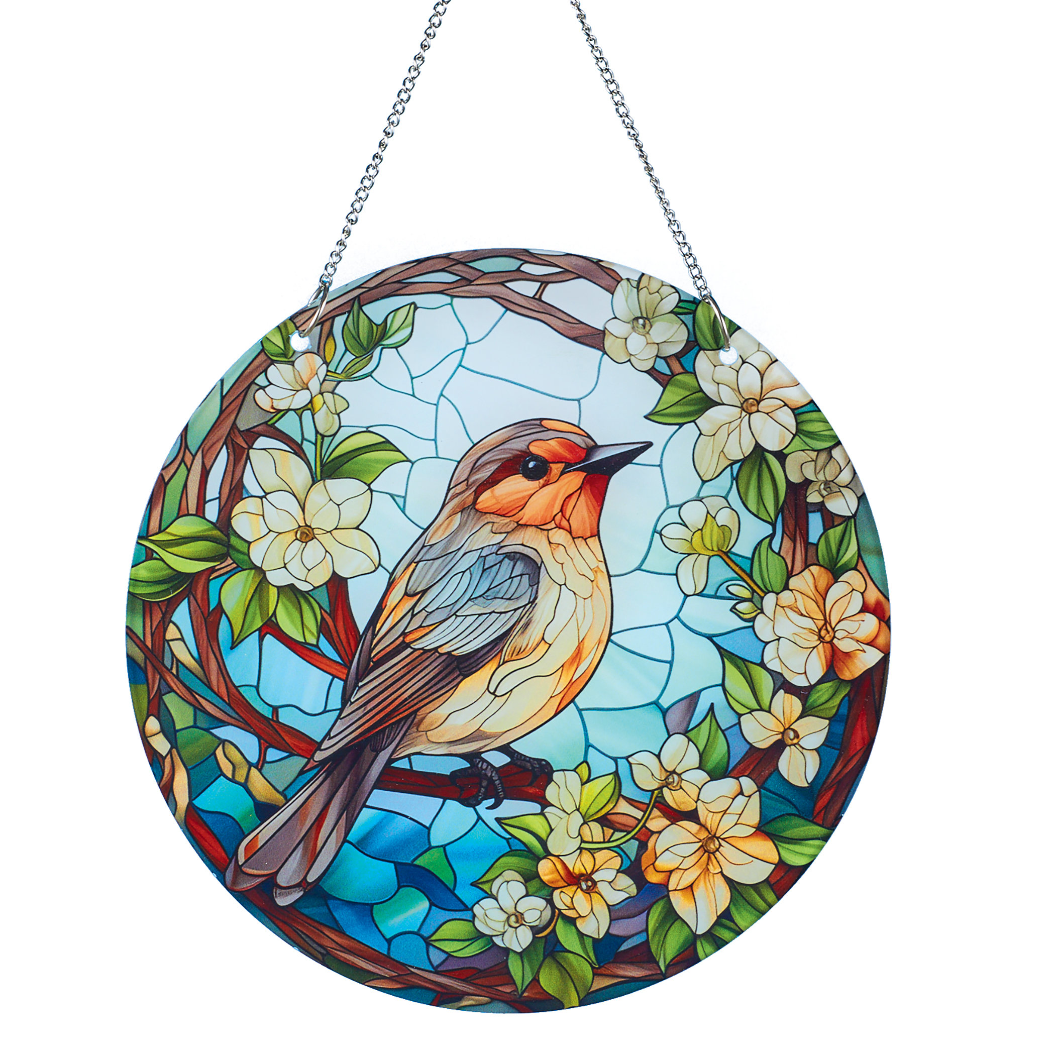 August Grove® Hanging Stained Glass Style Floral Robin Suncatcher ...