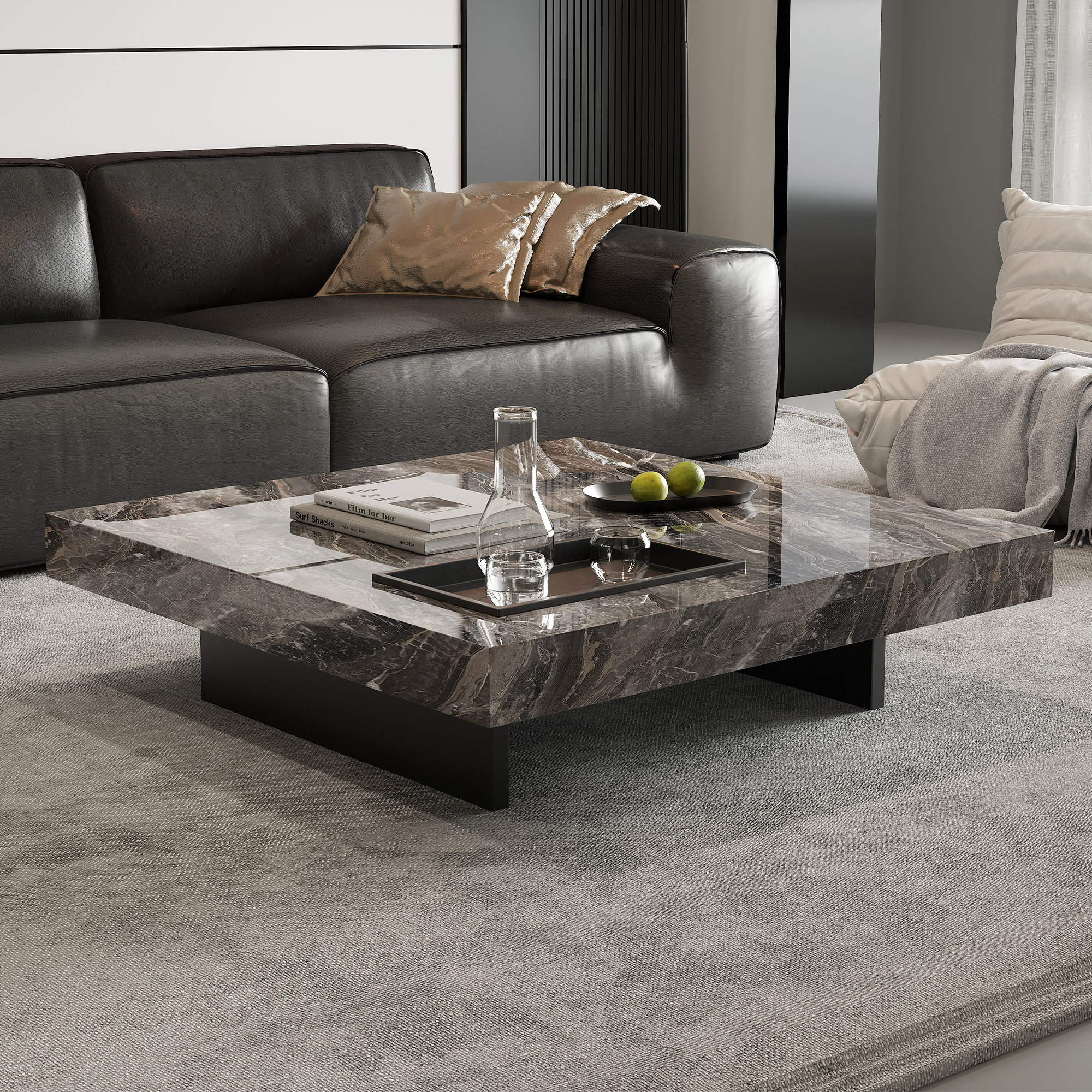 Orren Ellis 42“ Square Coffee Table with Glossy Sintered Stone Table ...