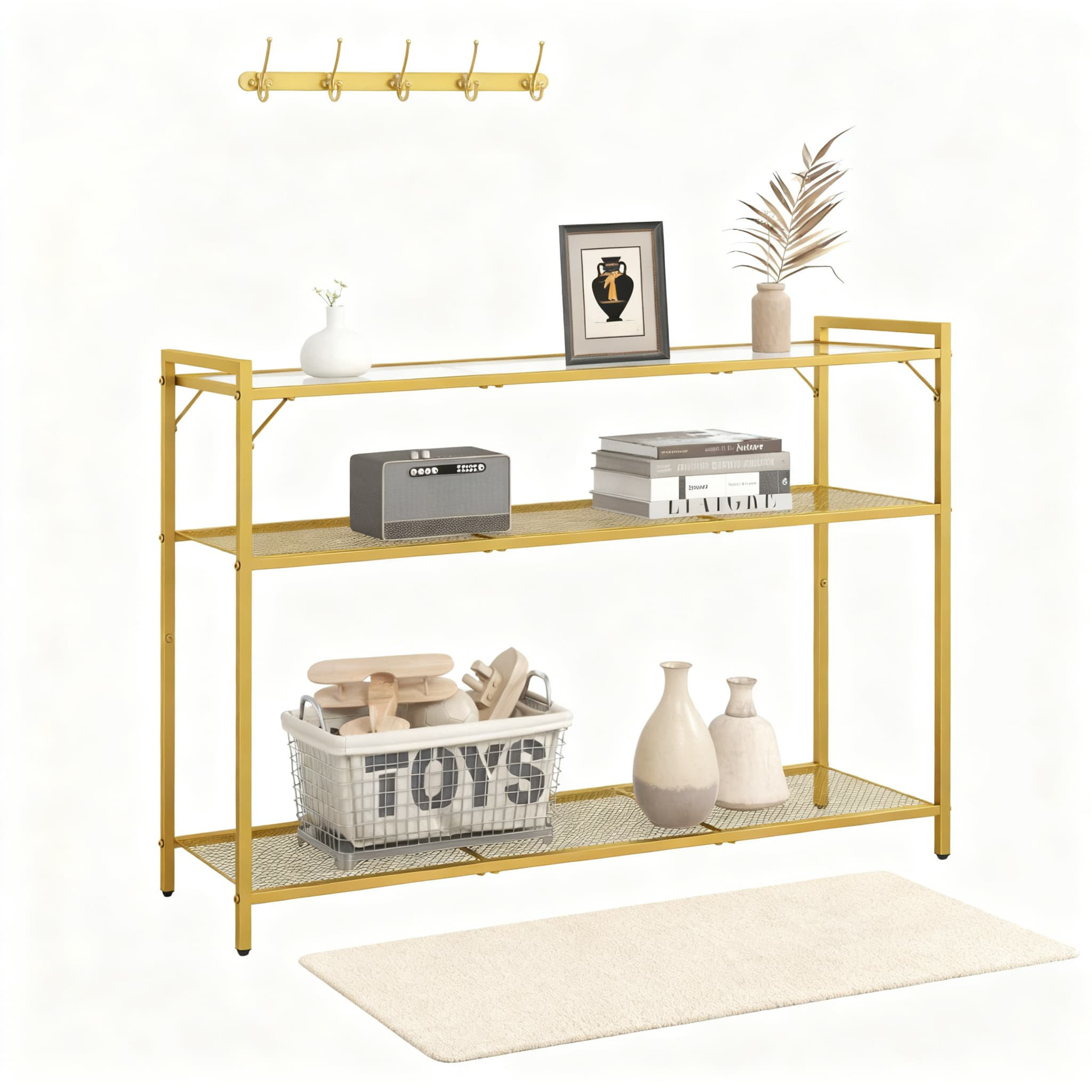 Hokku Designs Modern 3-Tier Console Table With Tempered Glass Shelves ...
